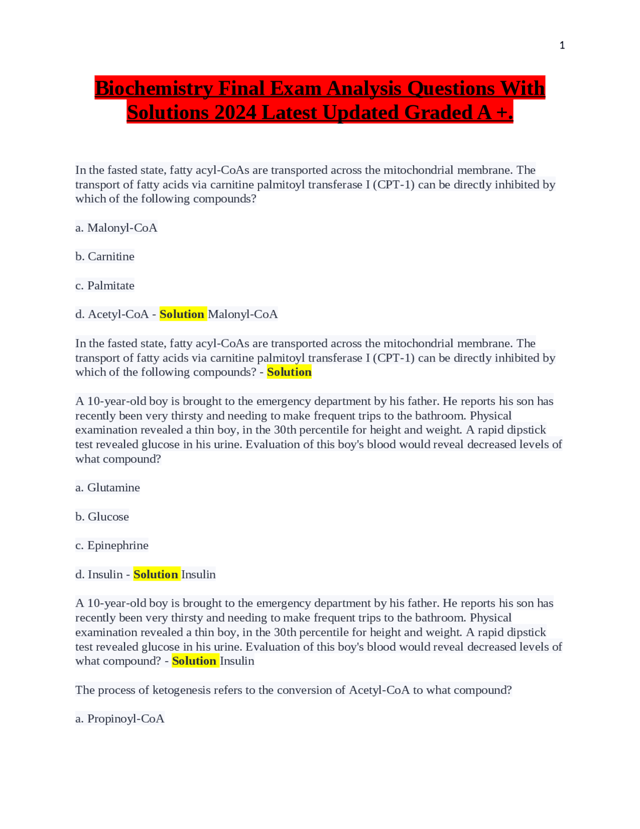 Biochemistry Final Exam Analysis Questions With Solutions 2024 Latest ...