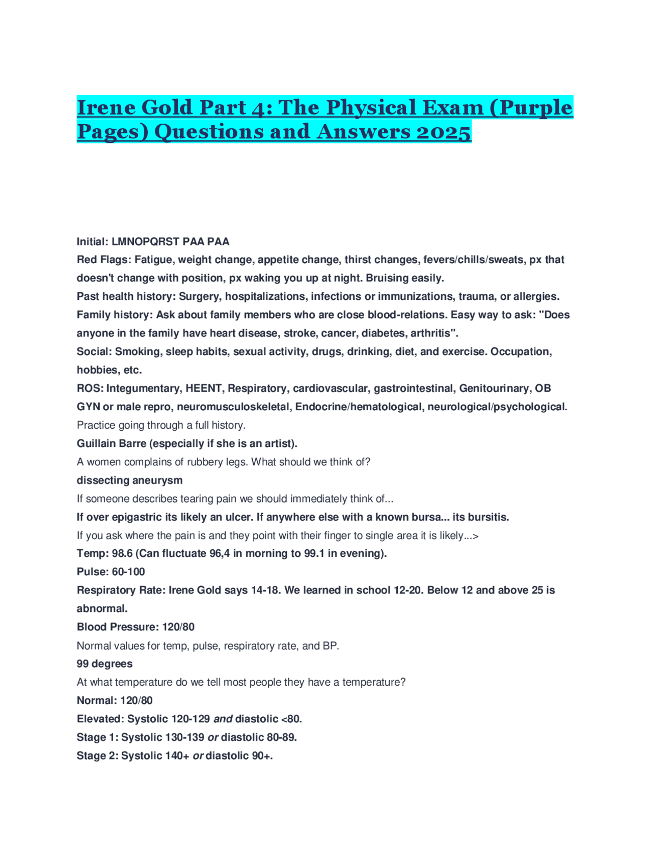 Irene Gold Part 4: The Physical Exam (Purple Pages) Questions and ...