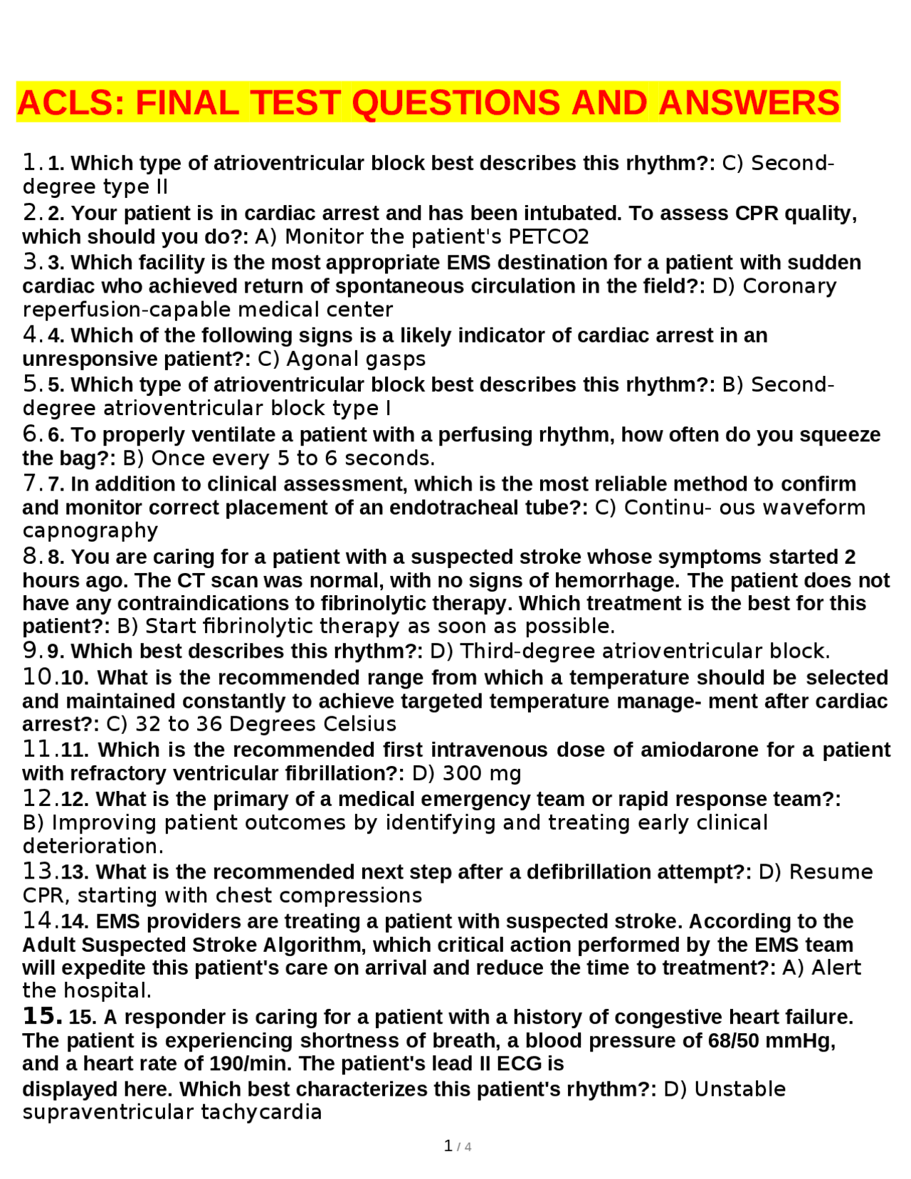 ACLS: FINAL TEST QUESTIONS AND ANSWERS | Exams Nursing | Docsity