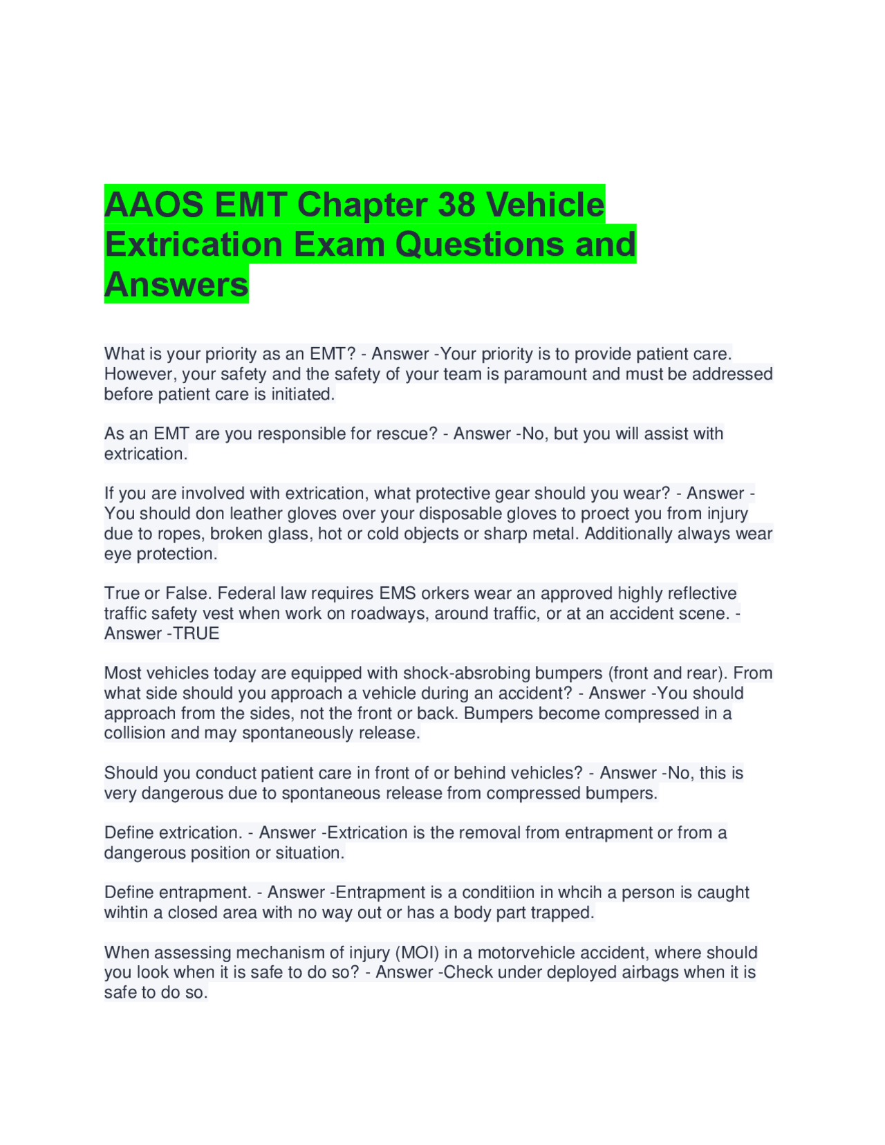 AAOS EMT Chapter 38 Vehicle Extrication Exam Questions and Answers ...