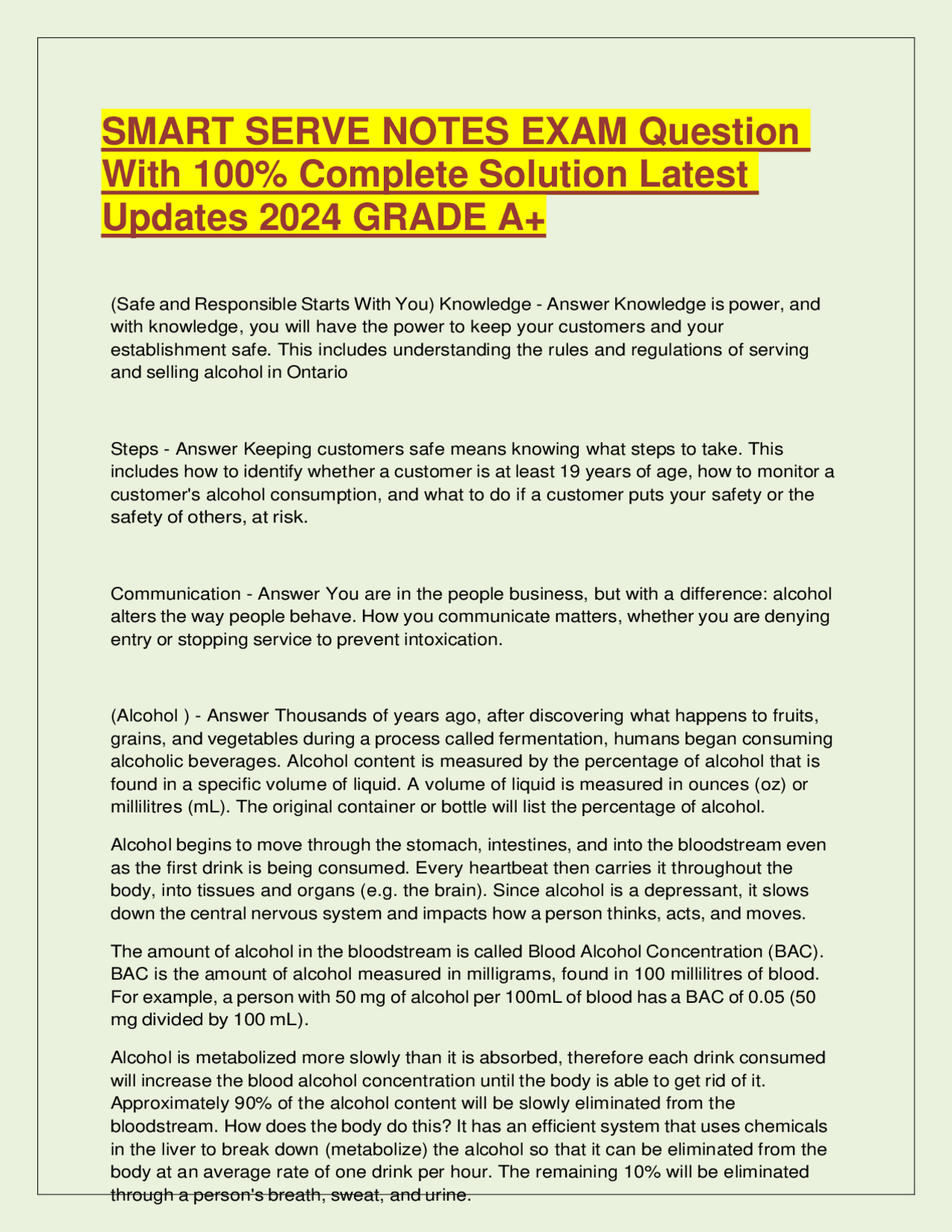 SMART SERVE NOTES EXAM Question With 100% Complete Solution Latest ...