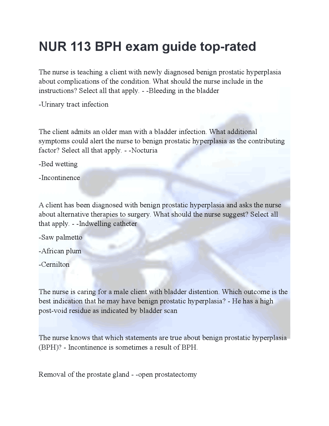 Benign Prostatic Hyperplasia (BPH) Exam Guide | Exams Nursing | Docsity