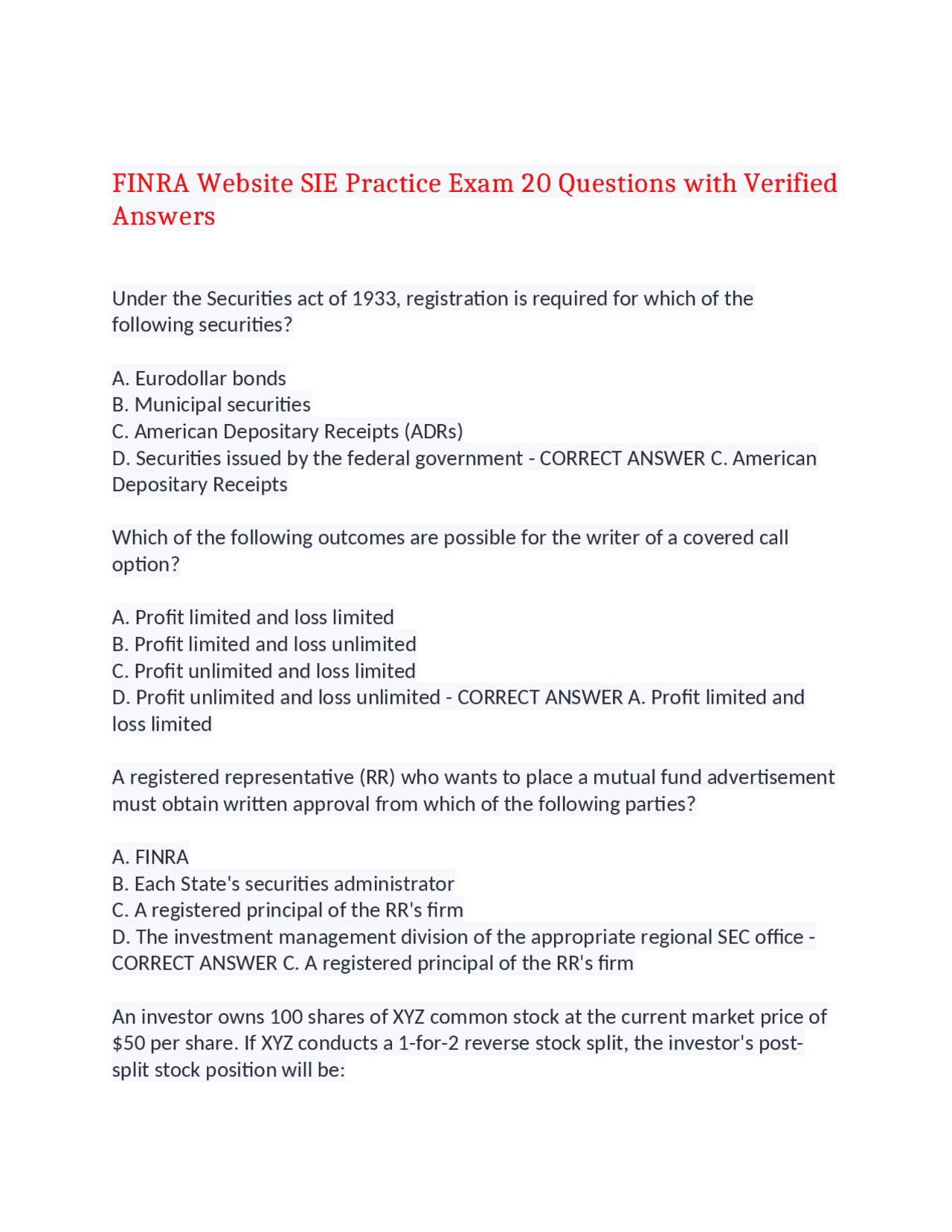 FINRA Website SIE Practice Exam 20 Questions with Verified Answers,100% CORRECT | Exams Business ...