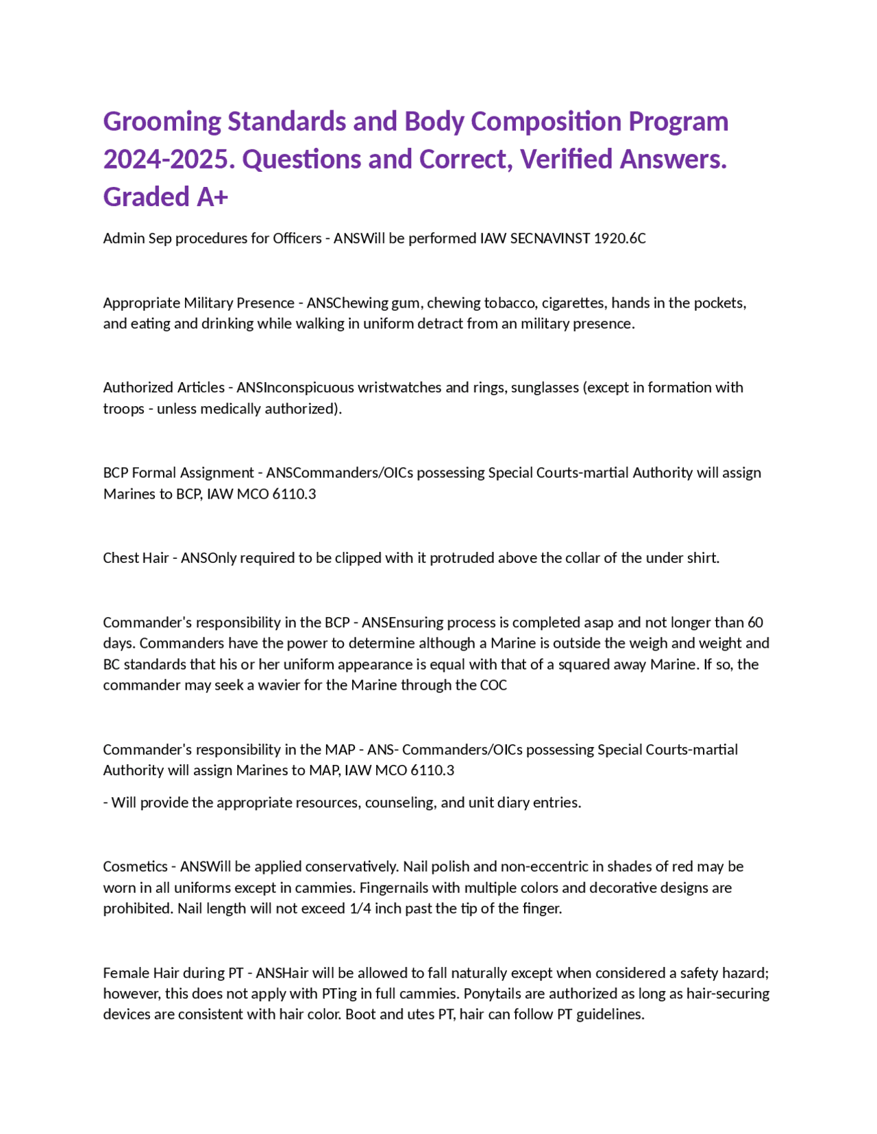 Grooming Standards and Body Composition Program 2024-2025. Questions ...