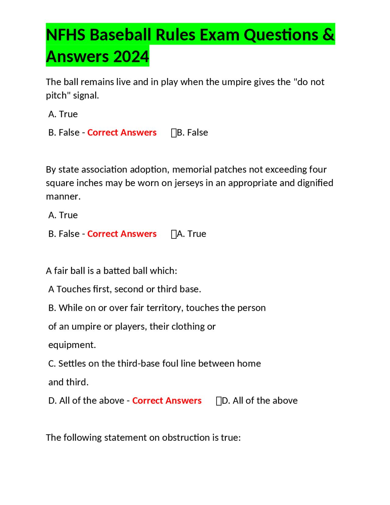 NFHS Baseball Rules Exam Questions & Answers 2024 | Exams Nursing | Docsity NFHS Baseball Rules Exam Questions & Answers 2024 | Exams Nursing | Docsity