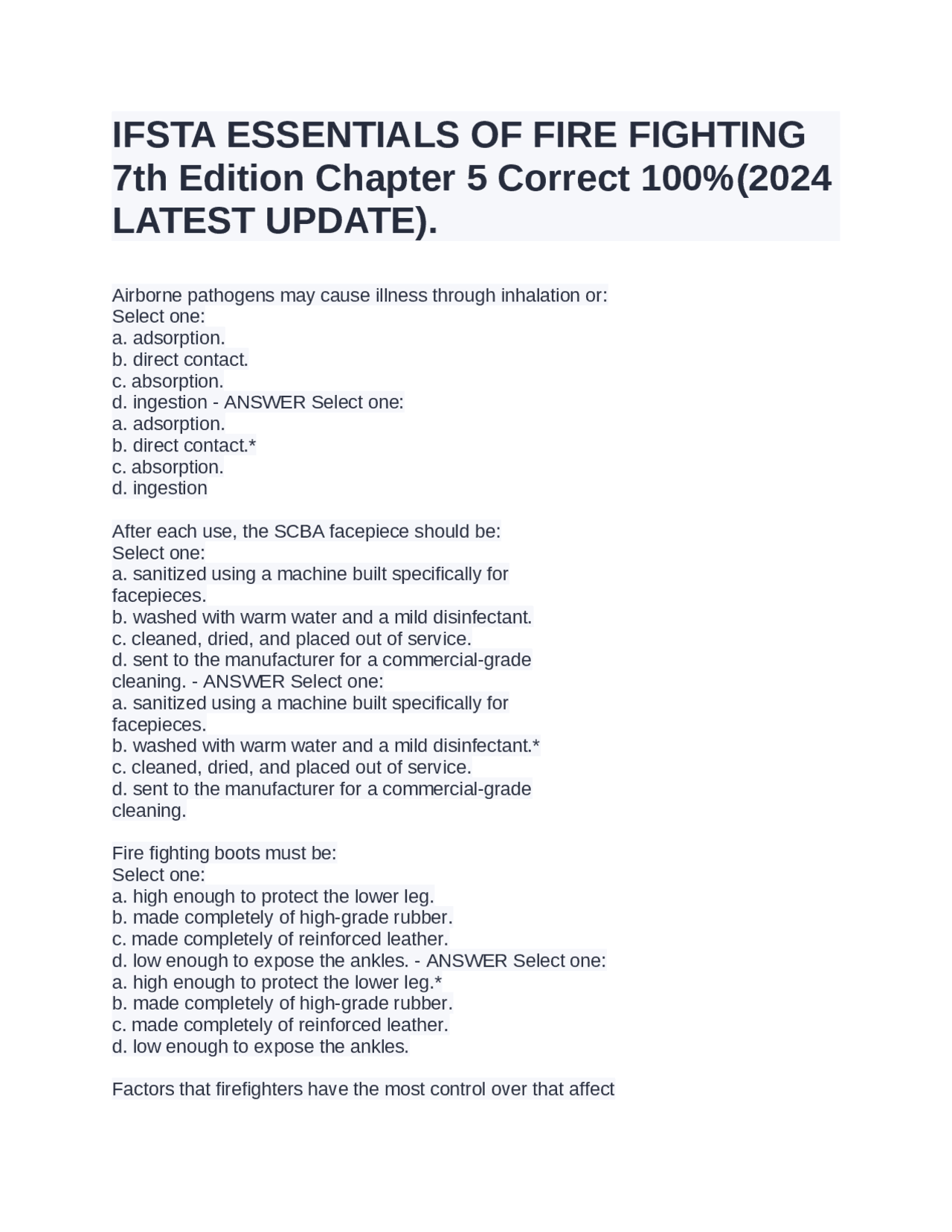 IFSTA ESSENTIALS OF FIRE FIGHTING 7th Edition Chapter 5 Correct 100% ...