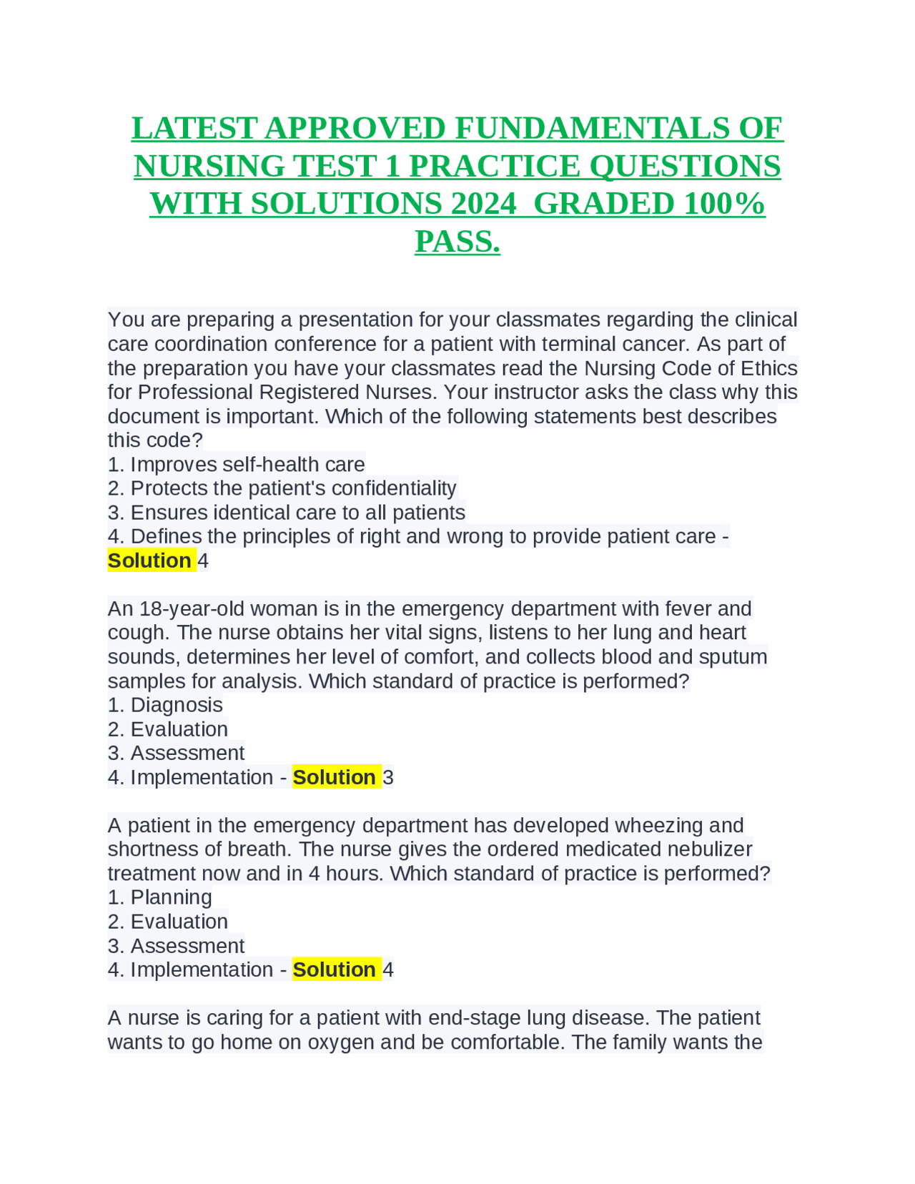 LATEST APPROVED FUNDAMENTALS OF NURSING TEST 1 PRACTICE QUESTIONS WITH ...
