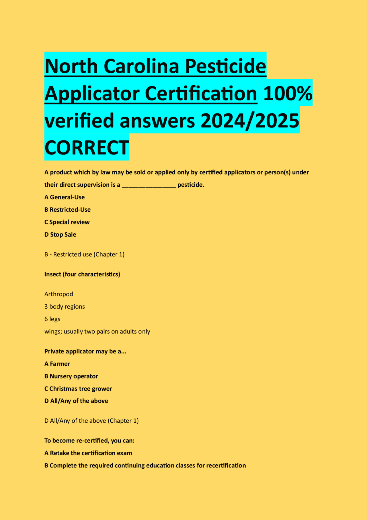 North Carolina Pesticide Applicator Certification 100% verified answers ...