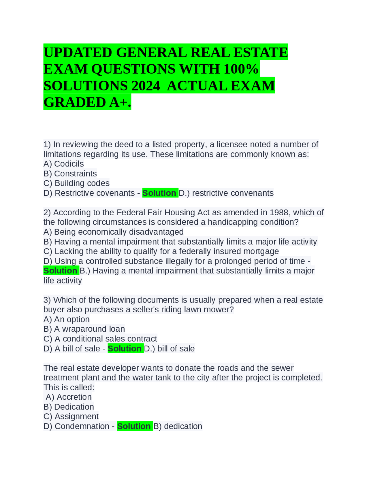 UPDATED GENERAL REAL ESTATE EXAM QUESTIONS WITH 100% SOLUTIONS 2024 ...