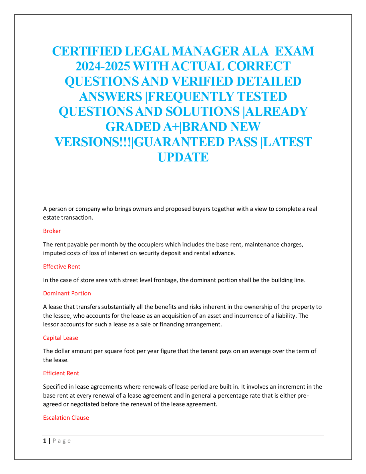 Certified Legal Manager ALA Exam 2024-2025 | Exams Nursing | Docsity