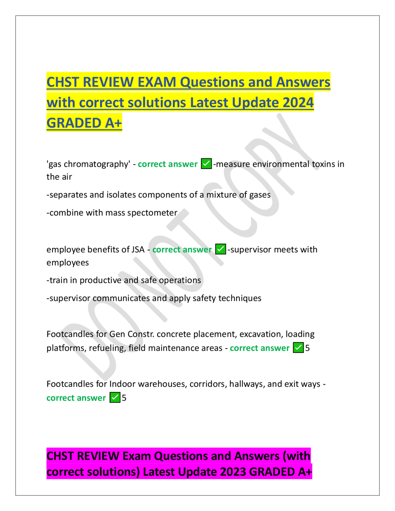 CHST REVIEW Exam Questions and Answers | Exams Nursing | Docsity
