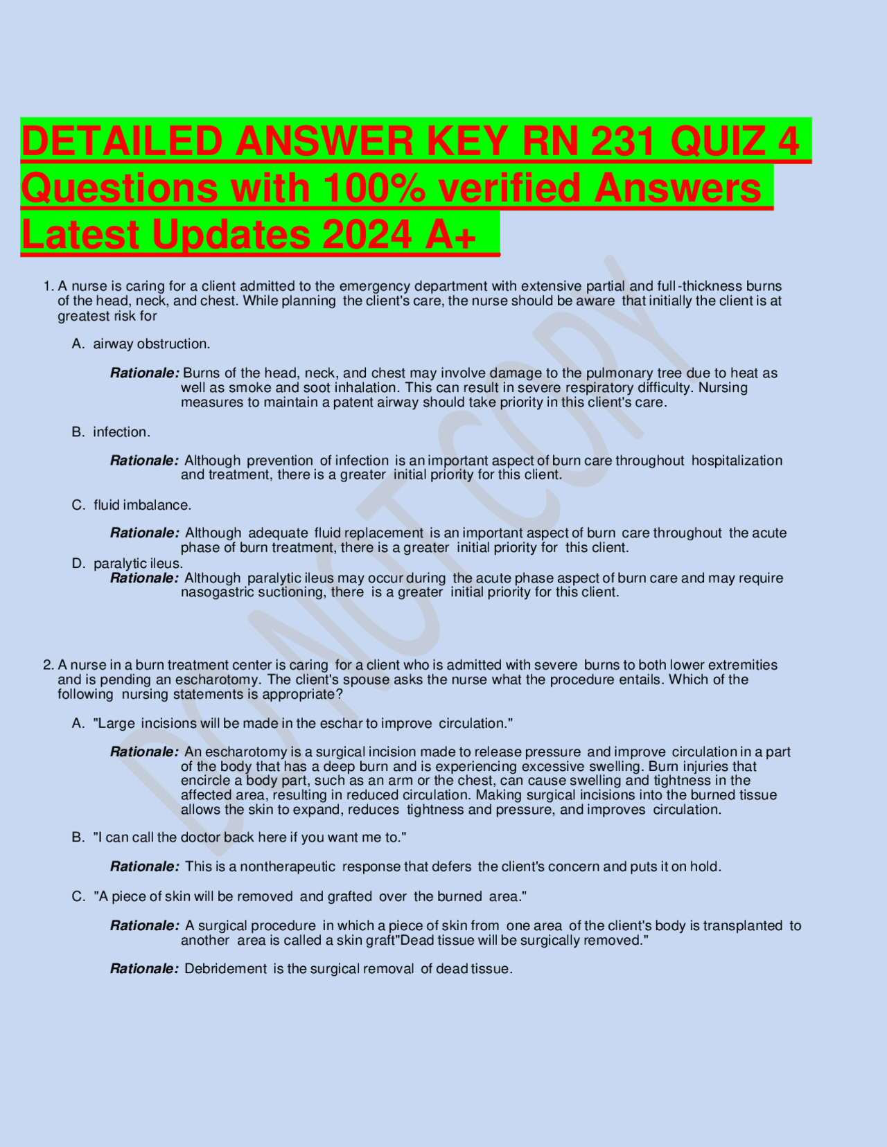 DETAILED ANSWER KEY RN 231 QUIZ 4 Questions with 100% verified Answers ...