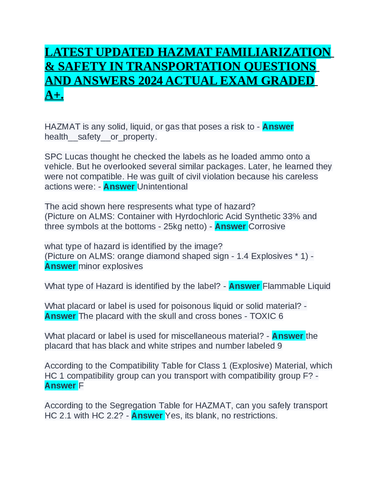 LATEST UPDATED HAZMAT FAMILIARIZATION & SAFETY IN TRANSPORTATION ...