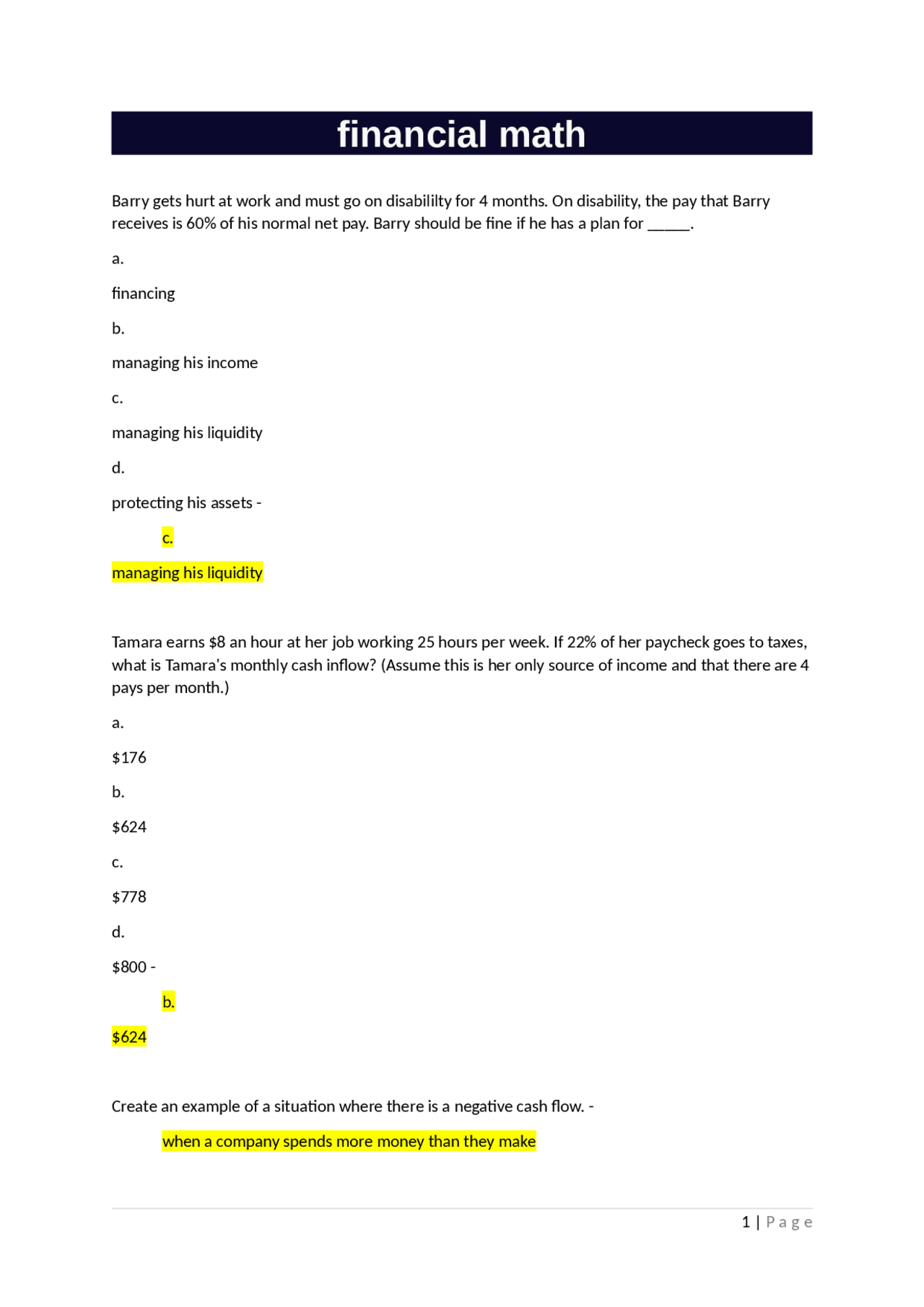 financial math financial math | Exams Mathematical finance | Docsity
