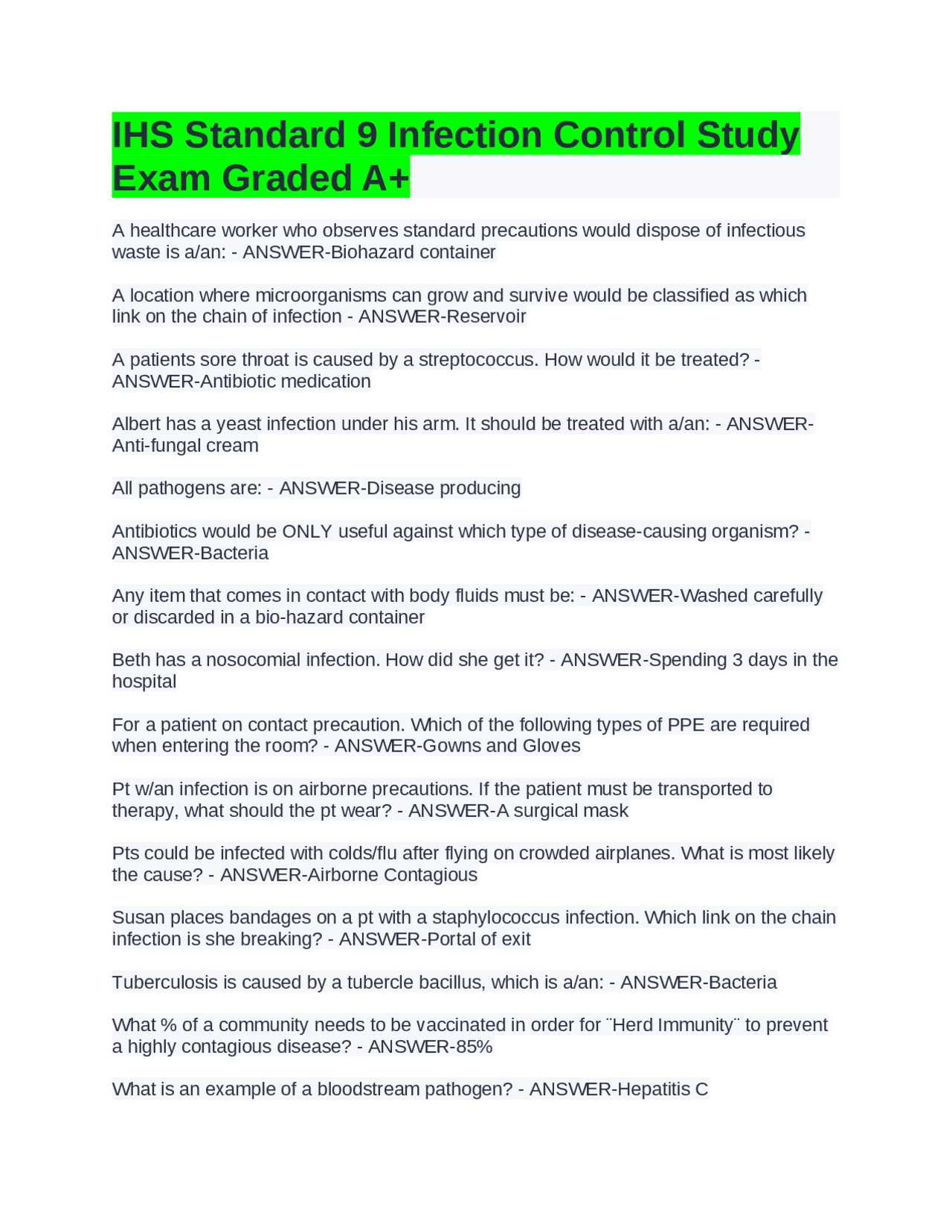 Infection Control Study Guide | Exams Nursing | Docsity