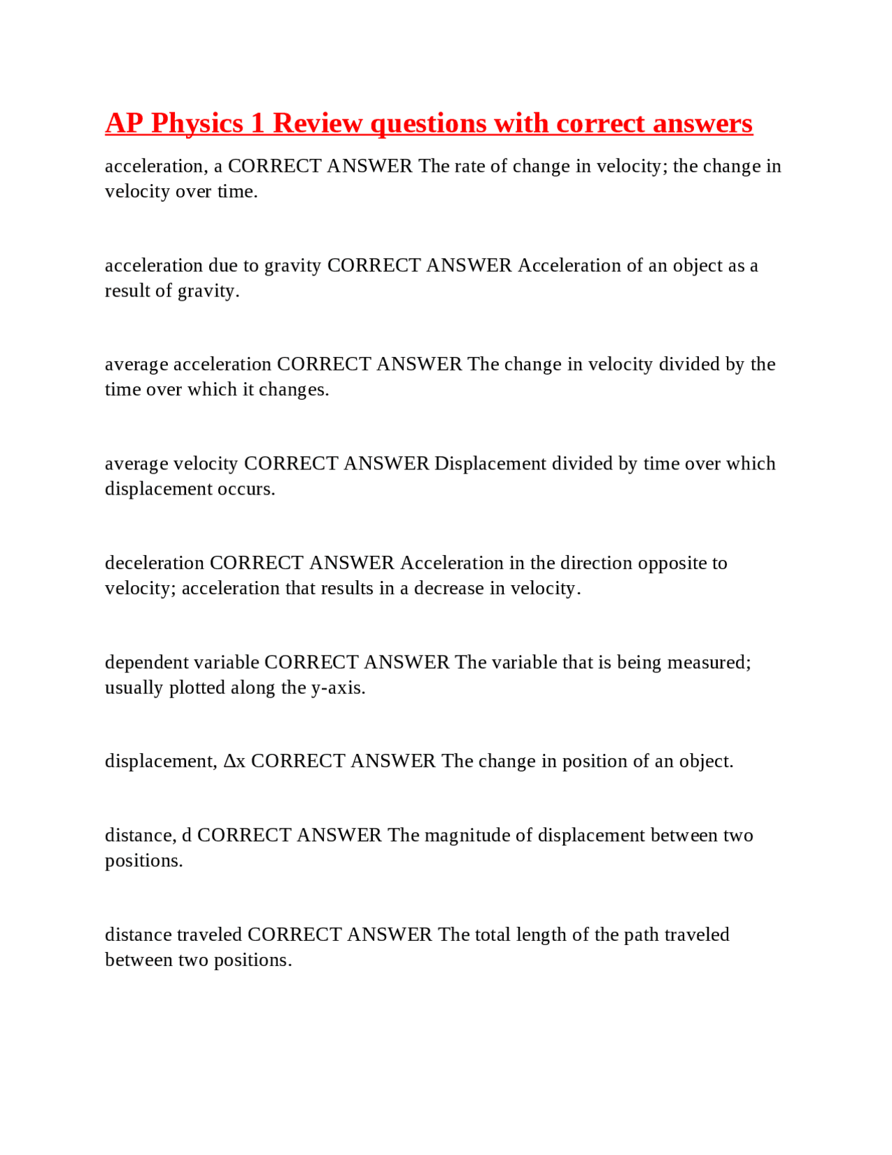 AP Physics 1 Review questions with correct answers | Exams Physics | Docsity