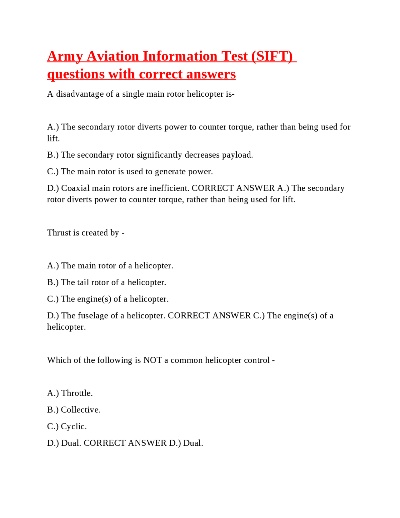 Army Aviation Information Test (SIFT) Questions and Answers | Exams ...