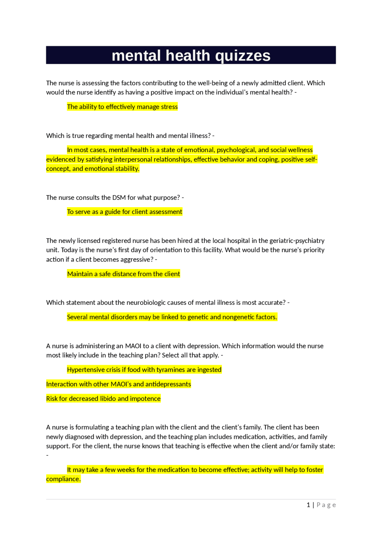 Mental Health Quizzes and Assessments | Exams Nursing | Docsity