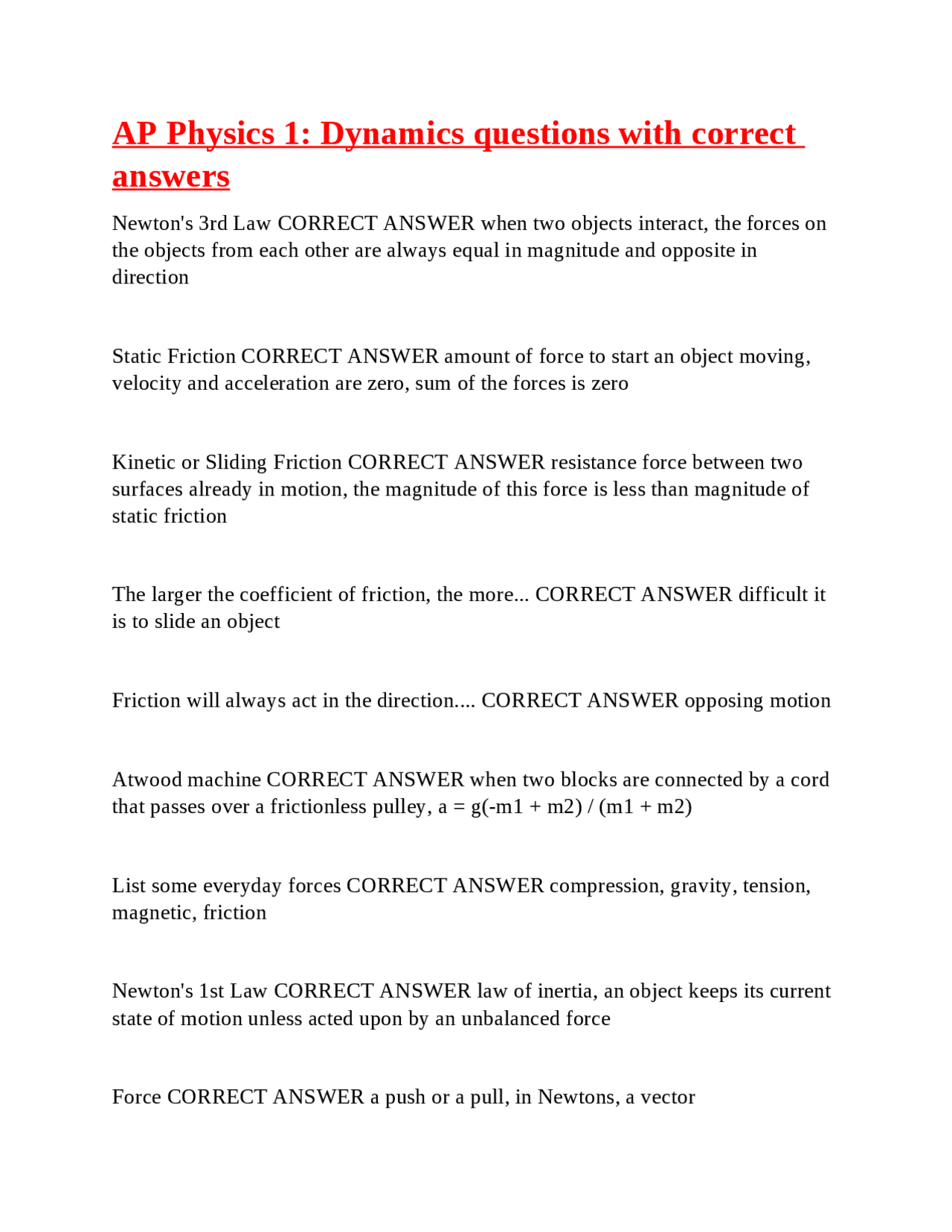 AP Physics 1: Dynamics questions with correct answers | Exams Physics | Docsity