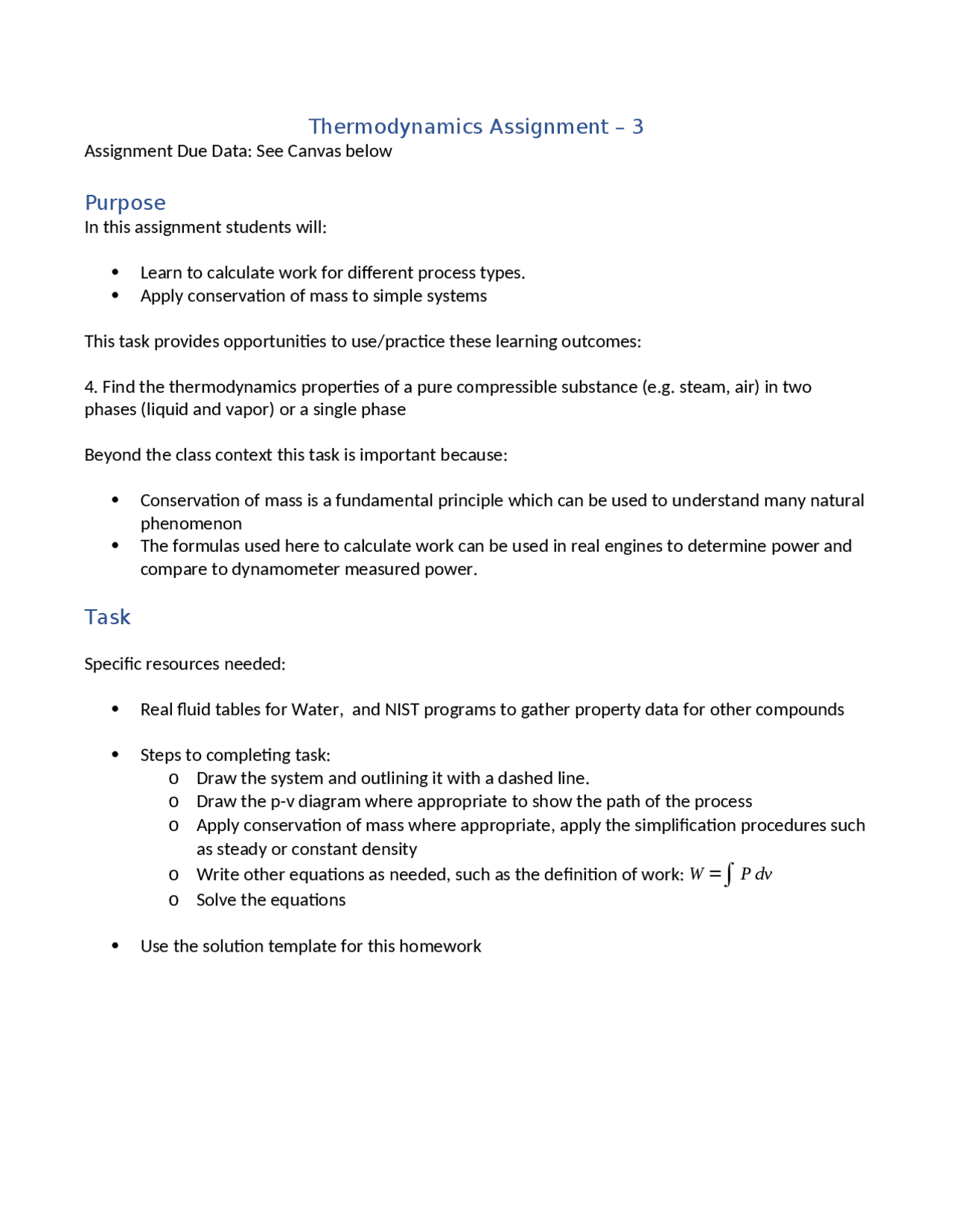 Thermodynamics Assignment - 3: Work, Conservation of Mass, and Applications | Exercises ...