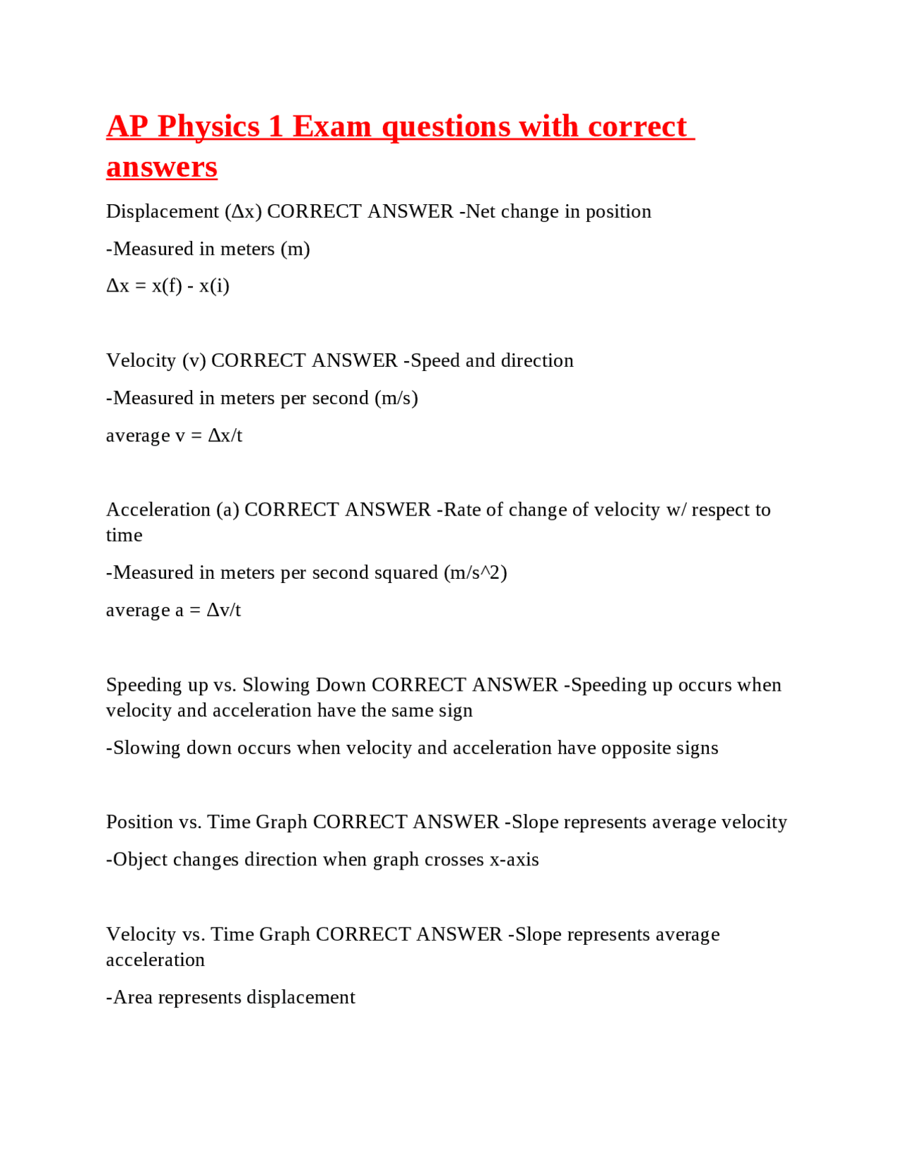 AP Physics 1 Exam questions with correct answers | Exams Physics | Docsity