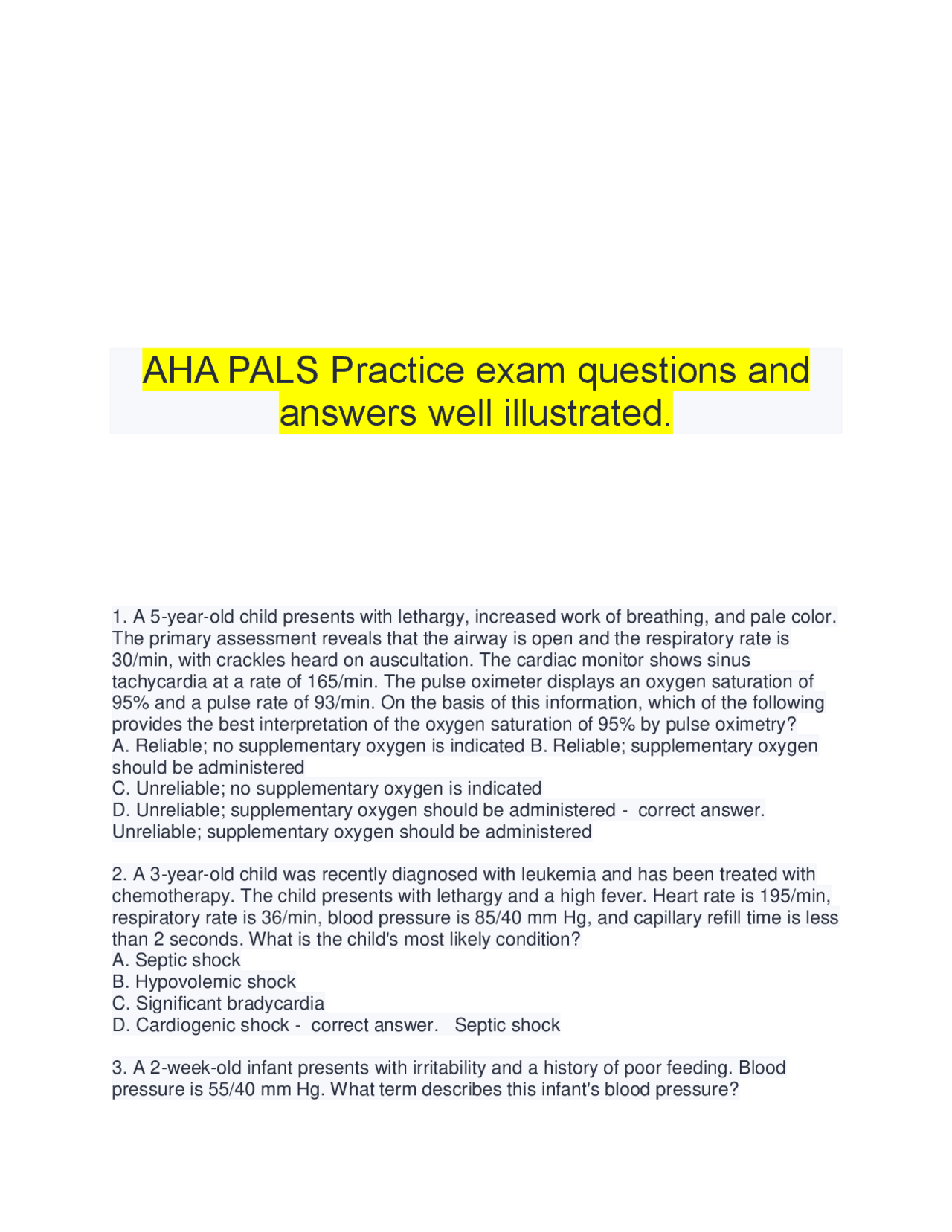 AHA PALS Practice exam questions and answers well illustrated. | Exams ...