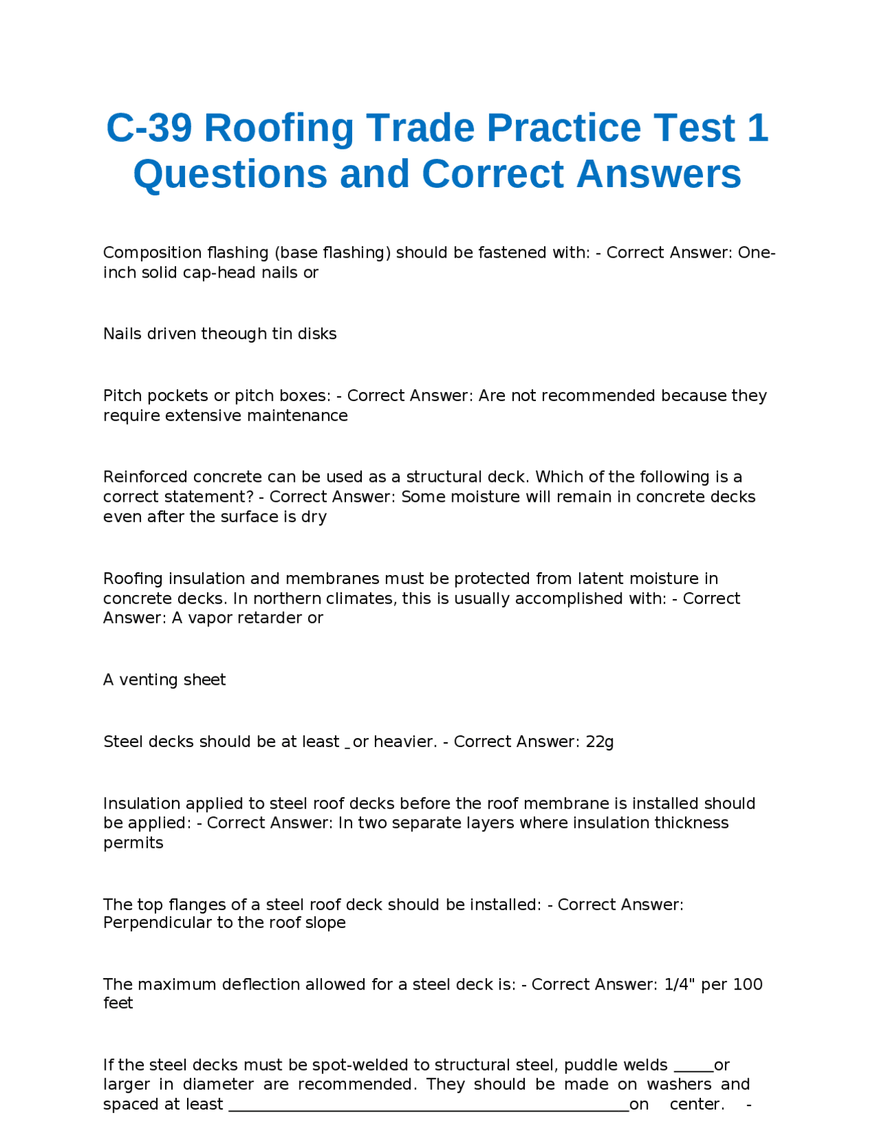 C-39 Roofing Trade Practice Test 1 Questions and Correct Answers 2024/ ...
