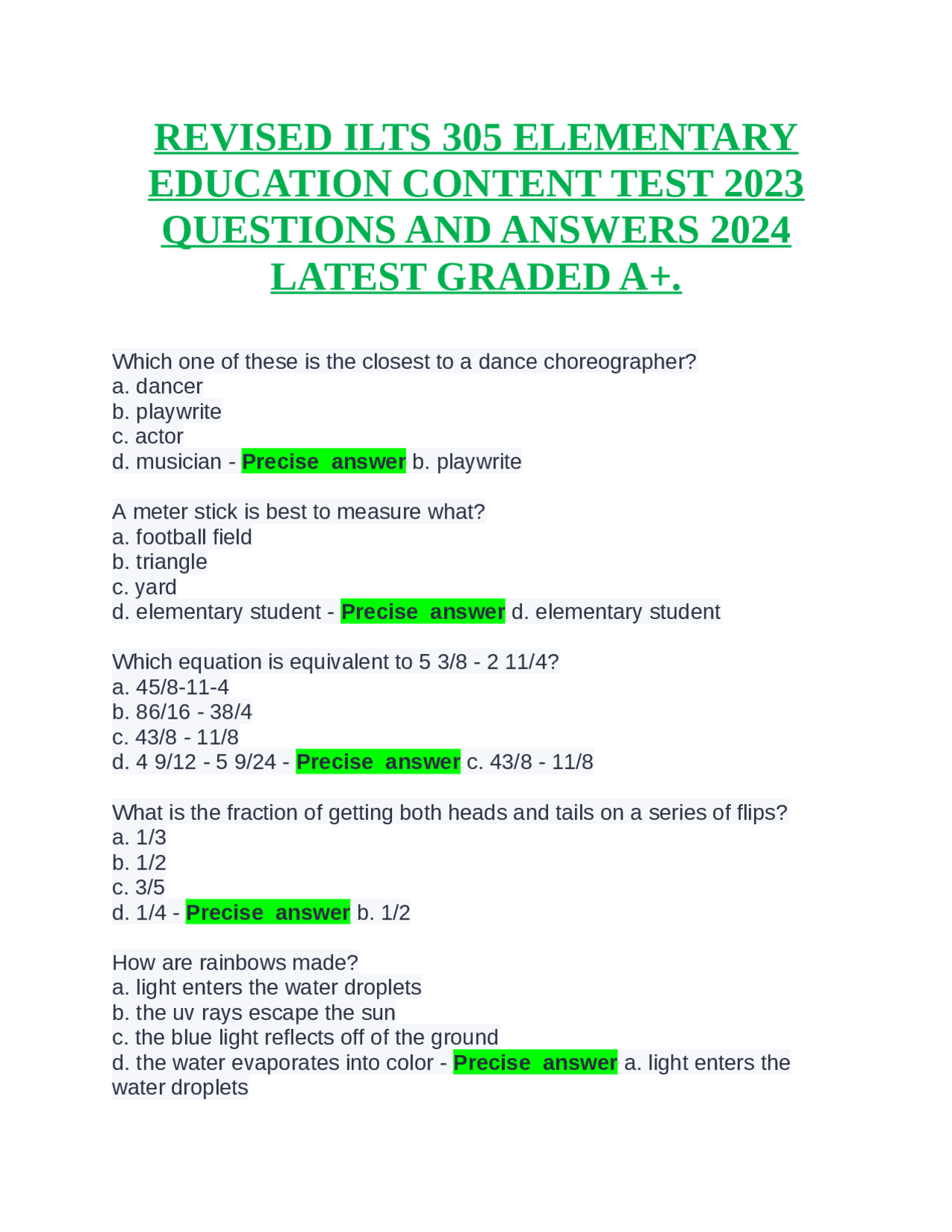REVISED ILTS 305 ELEMENTARY EDUCATION CONTENT TEST 2023 QUESTIONS AND ...