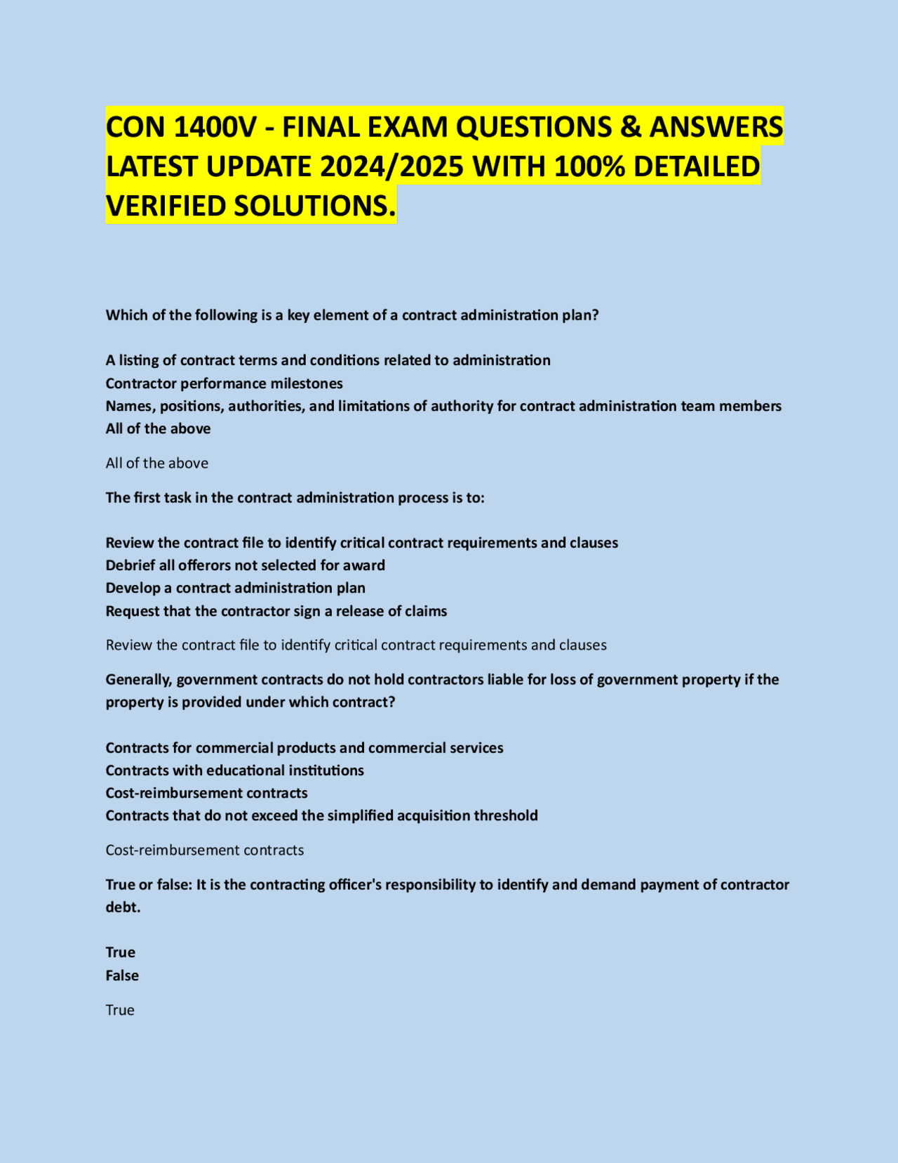 CON 1400V - FINAL EXAM QUESTIONS & ANSWERS LATEST UPDATE 2024/2025 WITH ...