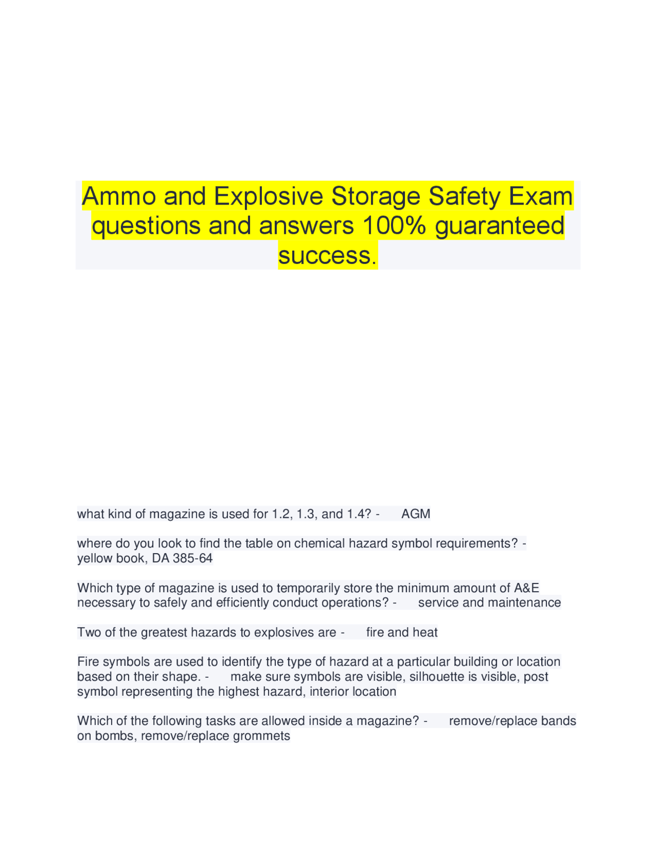 Ammo and Explosive Storage Safety Exam questions and answers 100% ...