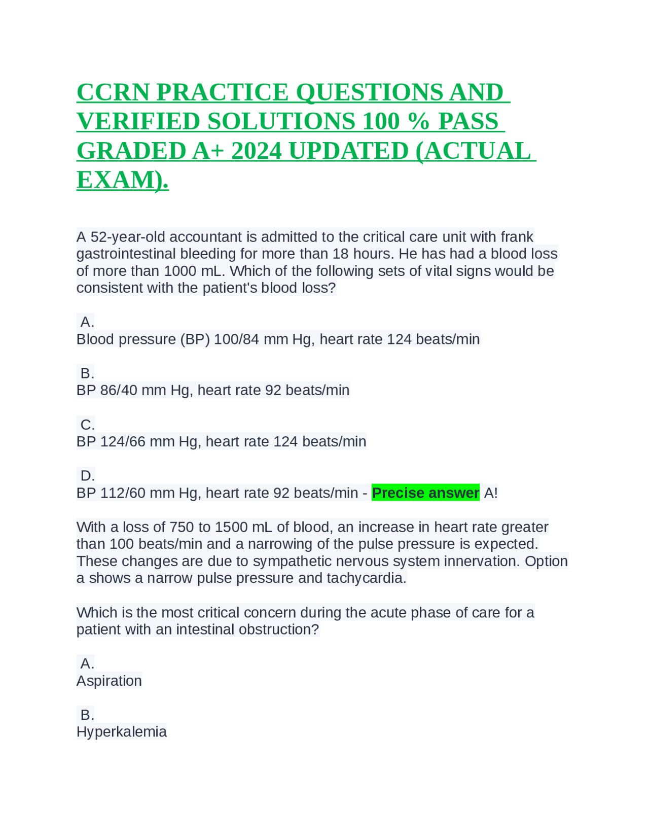 CCRN PRACTICE QUESTIONS AND VERIFIED SOLUTIONS 100 % PASS GRADED A+ ...