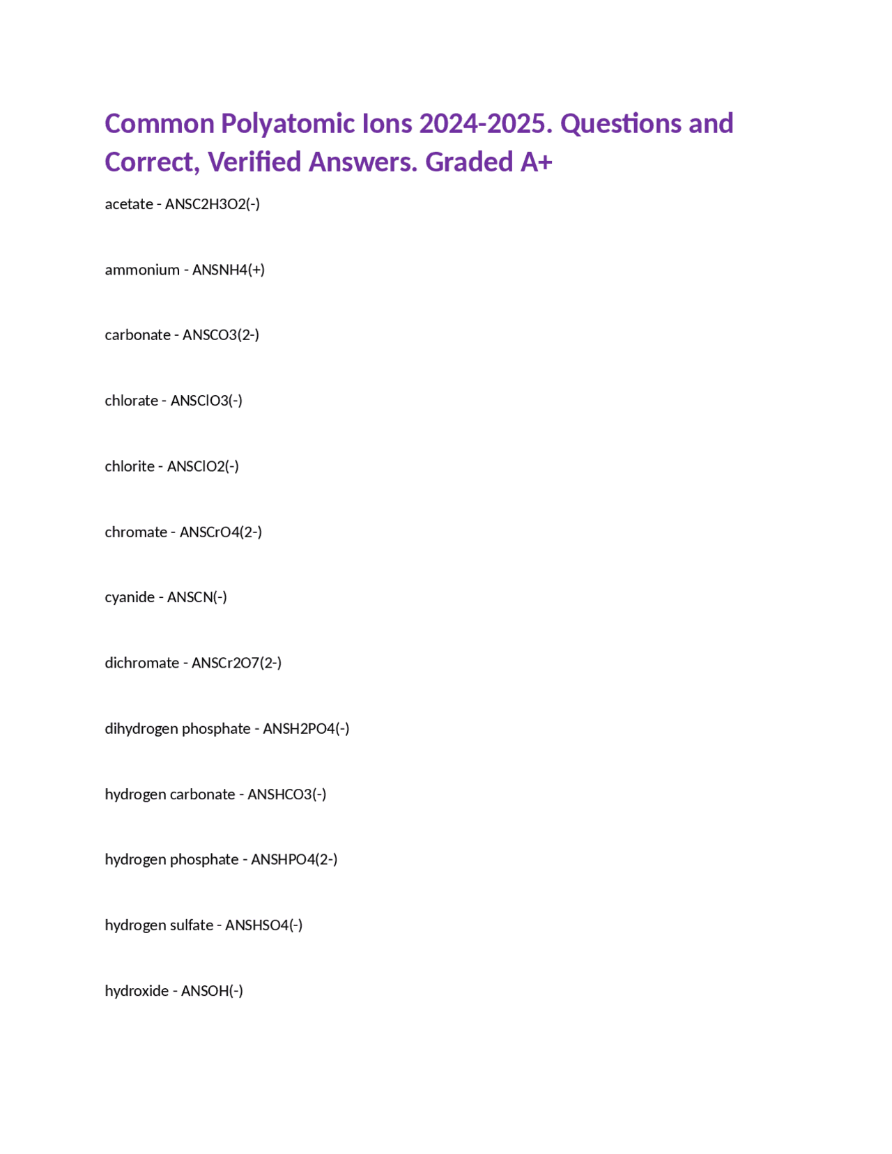 Common Polyatomic Ions 2024-2025. Questions and Correct, Verified ...