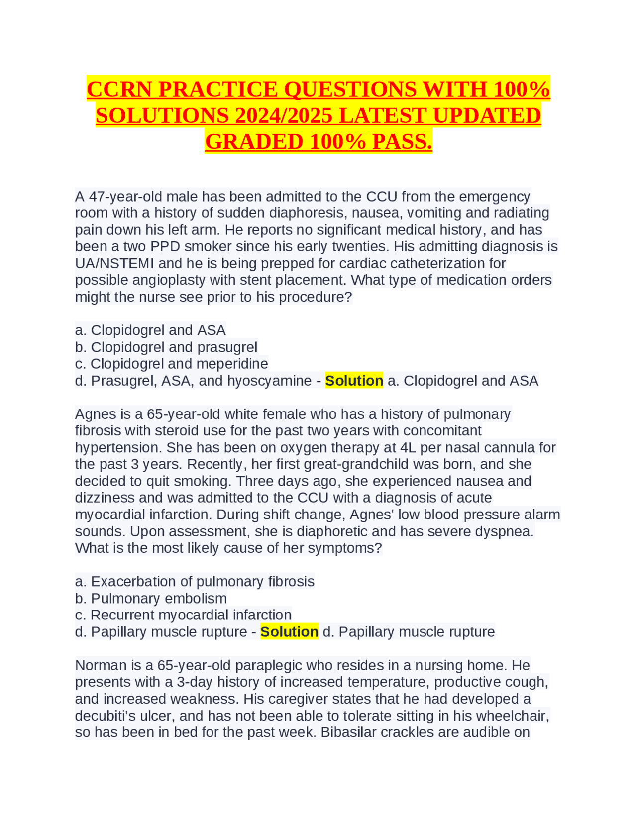 CCRN PRACTICE QUESTIONS WITH 100% SOLUTIONS 2024/2025 LATEST UPDATED ...