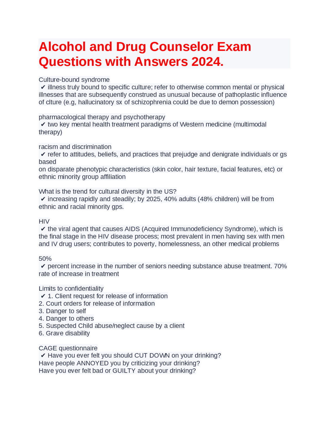 Alcohol and Drug Counselor Exam Questions with Answers 2024. | Exams ...