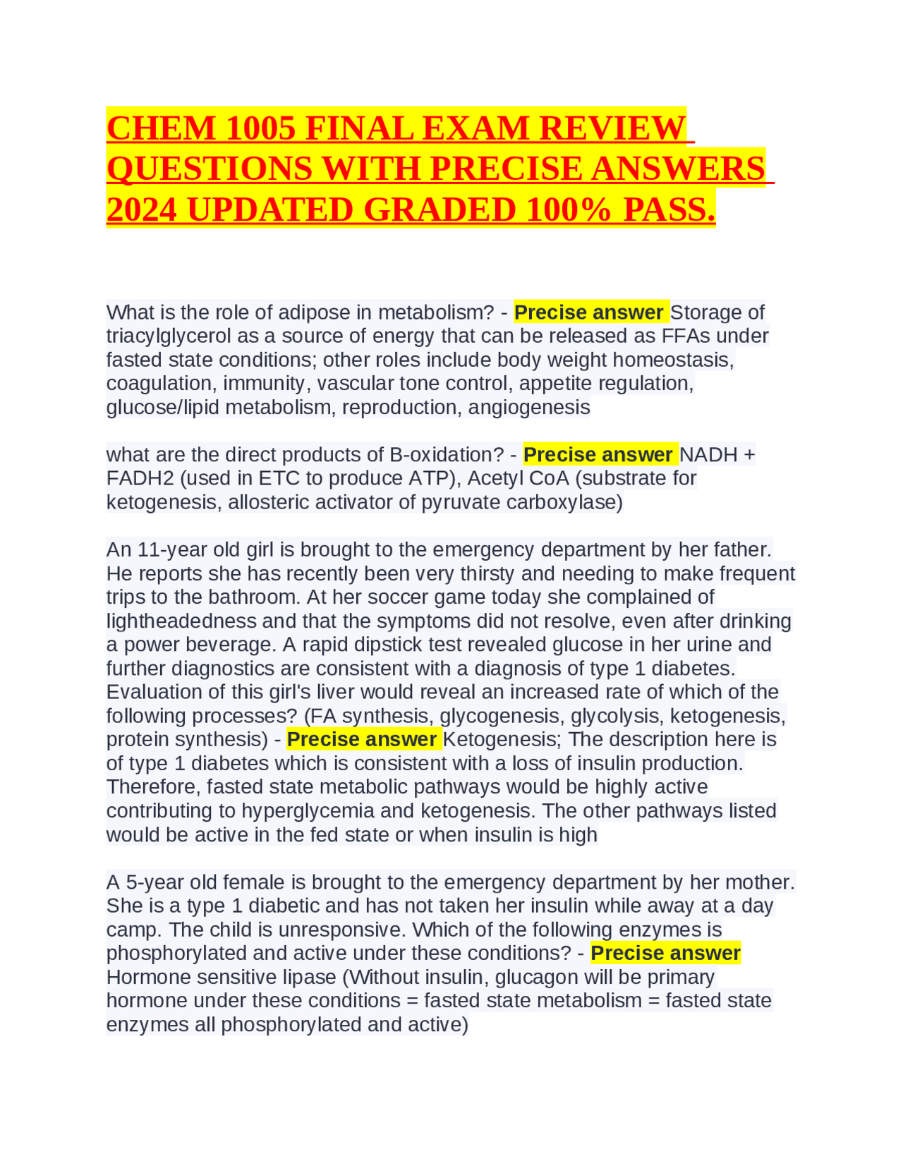 CHEM 1005 FINAL EXAM REVIEW QUESTIONS WITH PRECISE ANSWERS 2024 UPDATED ...