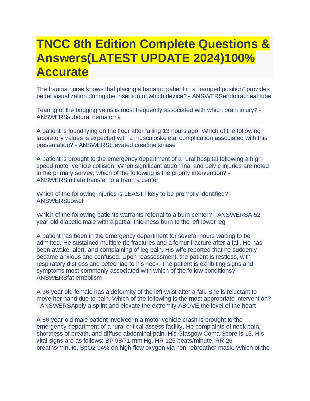 TNCC 8th Edition Complete Questions & Answers(LATEST UPDATE 2024)100% ...