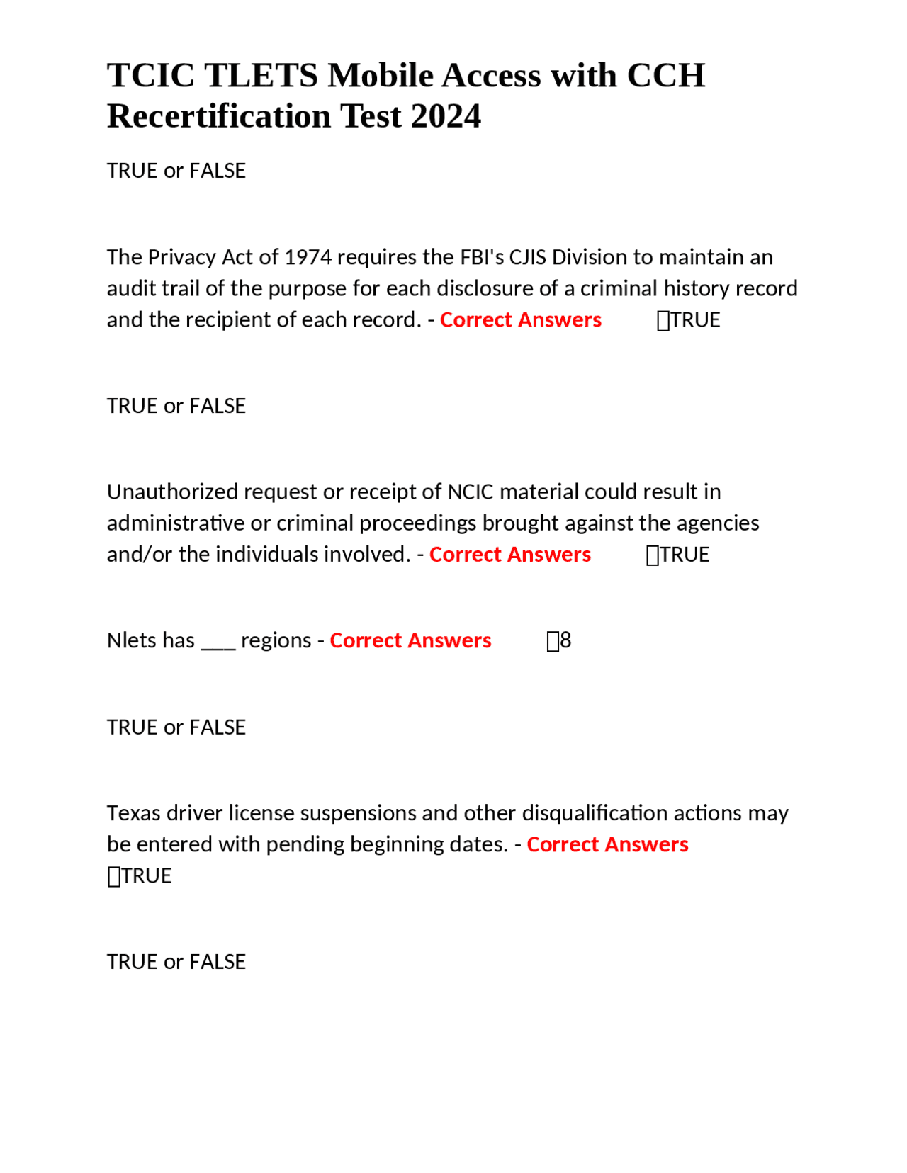TCIC TLETS Mobile Access with CCH Recertification Test 2024 | Exams ...