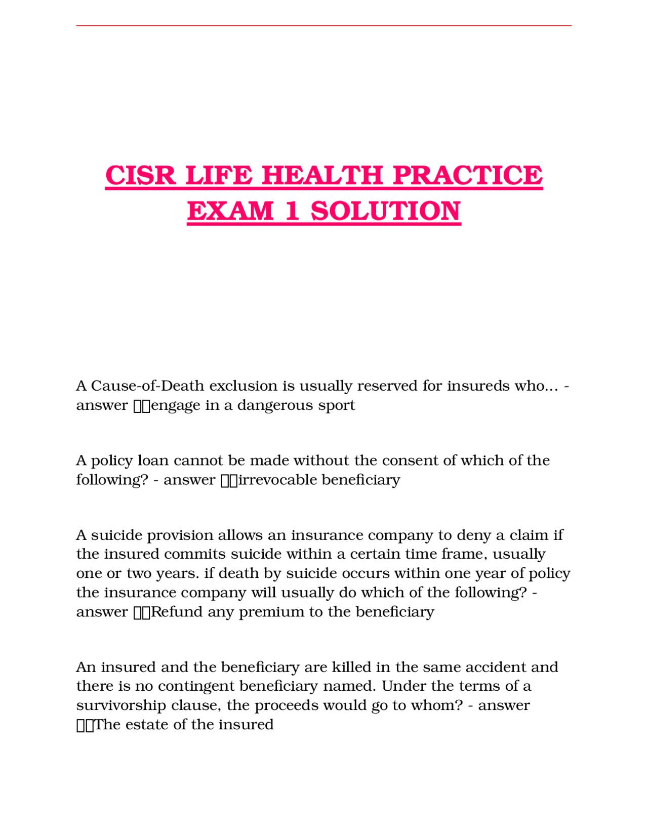 CISR Life Health Practice Exam 1 Solutions | Exams Nursing | Docsity