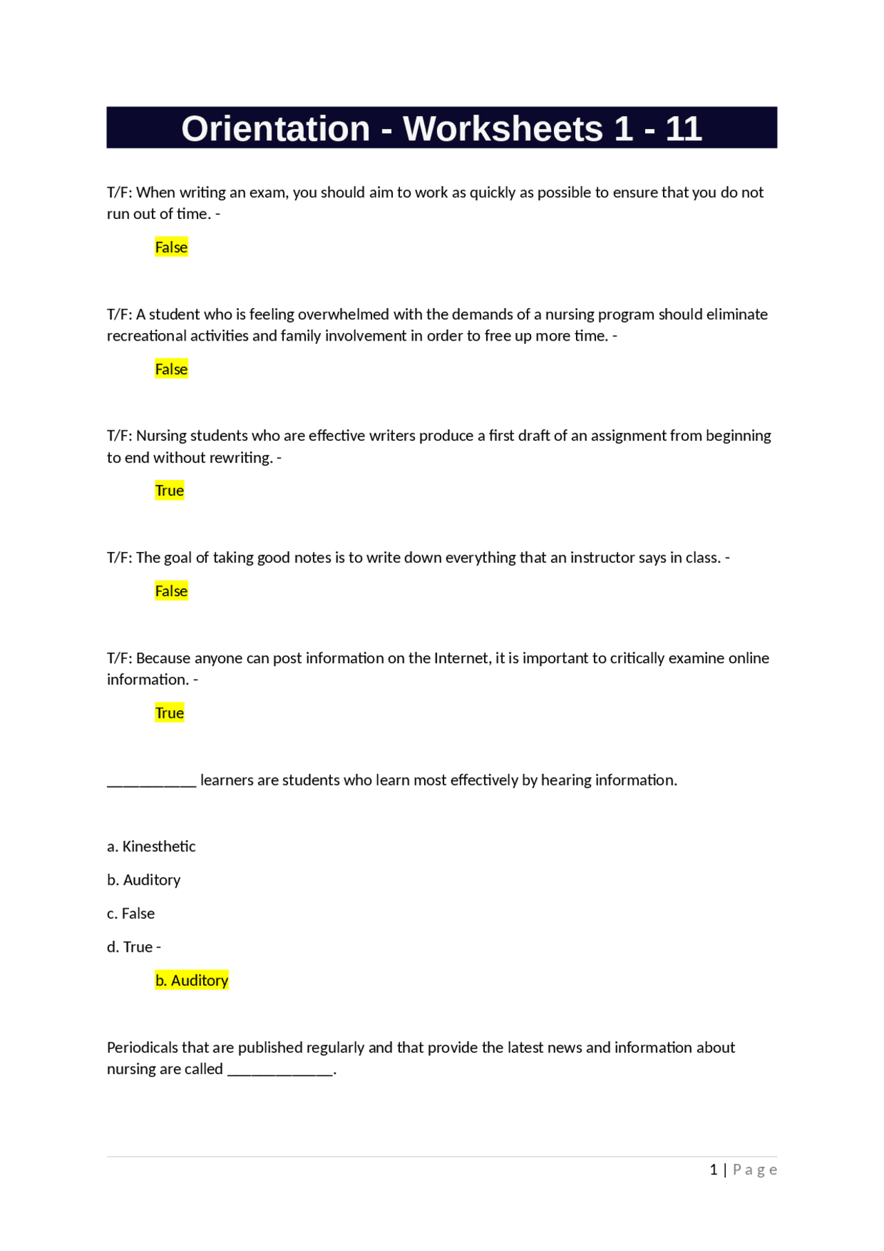Orientation - Worksheets 1 - 11 | Exams Psychology | Docsity
