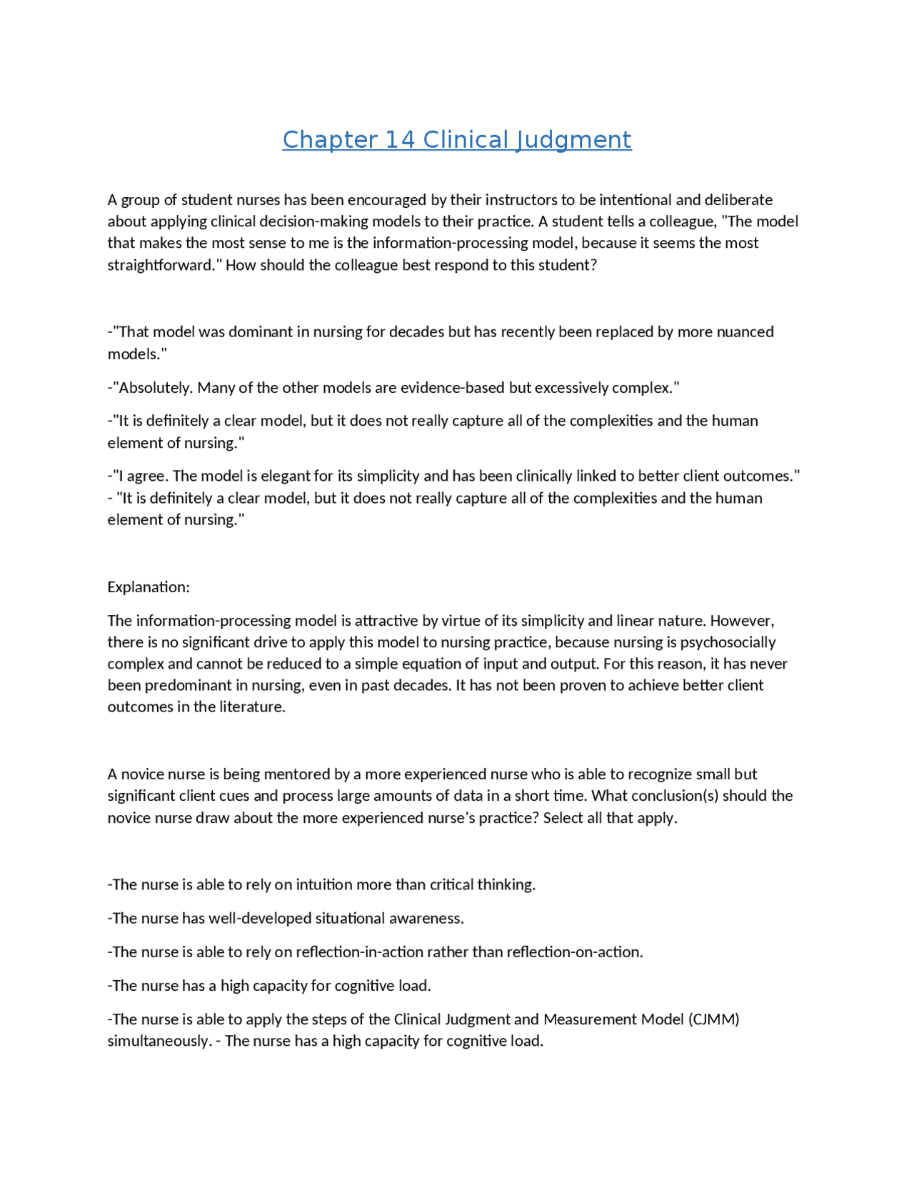 Chapter 14 Clinical Judgment 2024 | Exams Advanced Education | Docsity