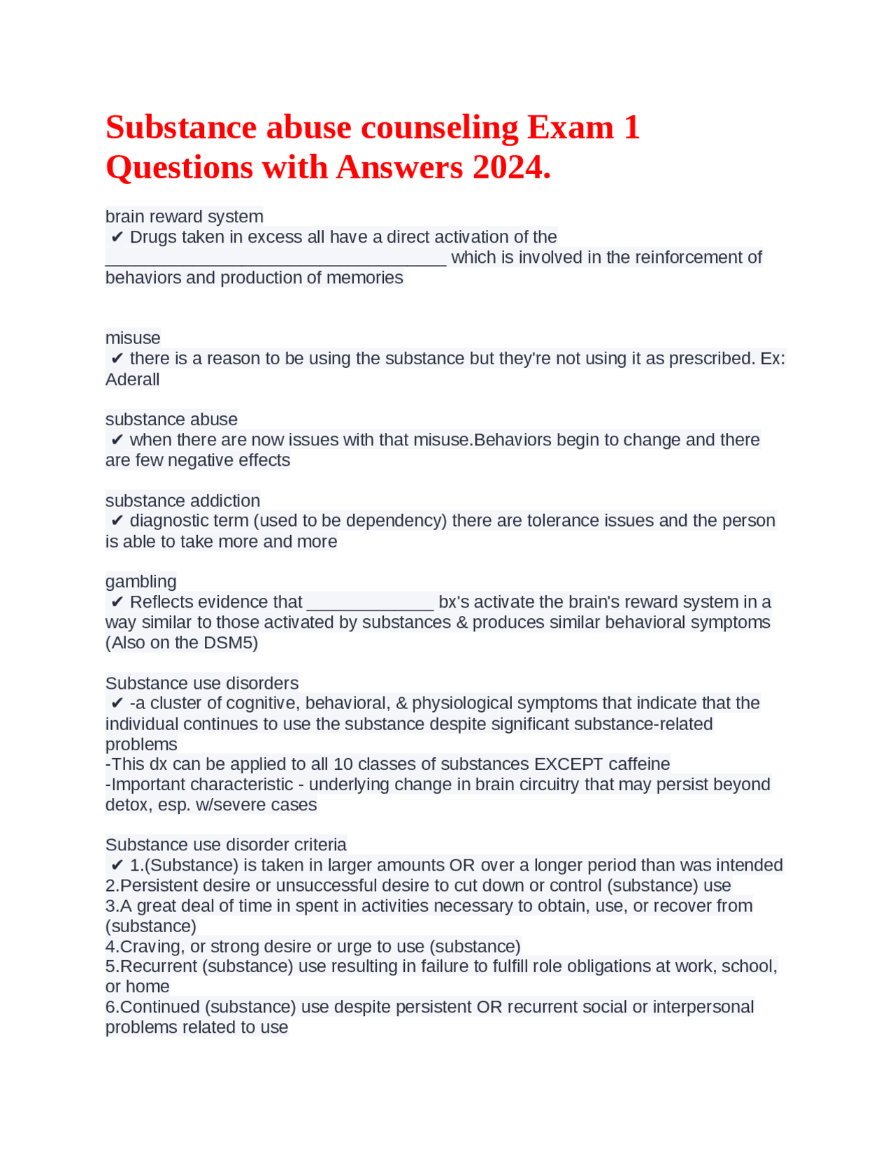 Substance abuse counseling Exam 1 Questions with Answers 2024. | Exams ...