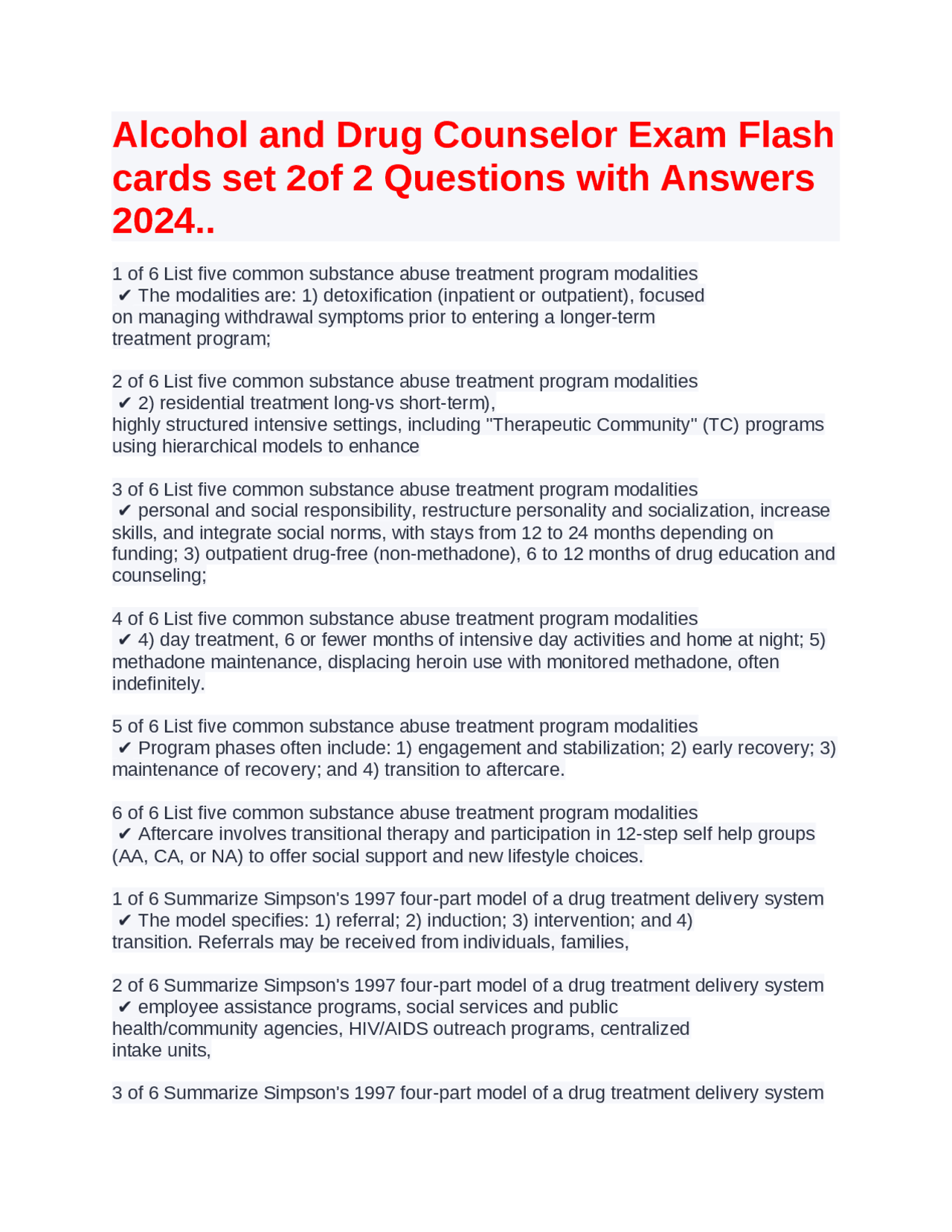 Alcohol and Drug Counselor Exam Flash cards set 2of 2 Questions with ...