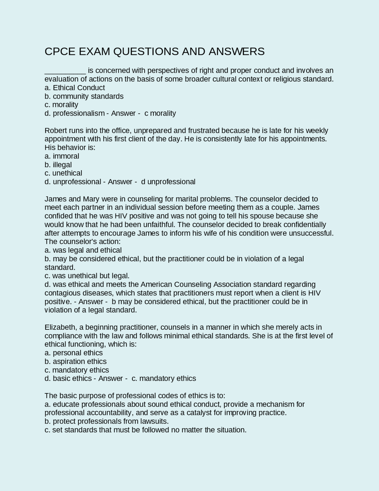 CPCE EXAM QUESTIONS AND ANSWERS | Exams Social Sciences | Docsity