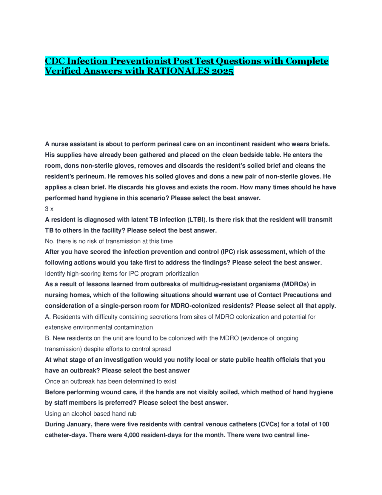 CDC Infection Preventionist Post Test Questions with Complete Verified ...