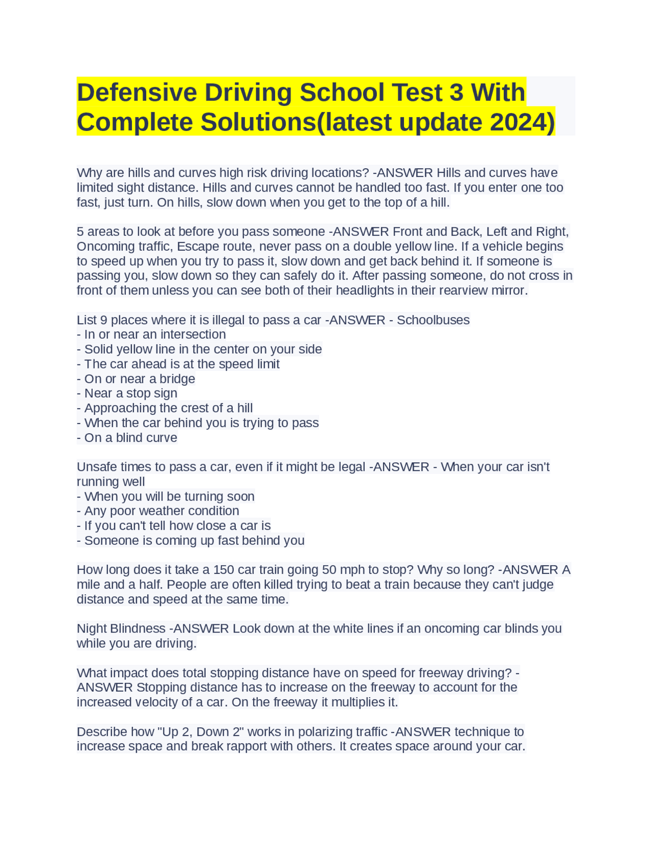Defensive Driving School Test 3 With Complete Solutions(latest update ...
