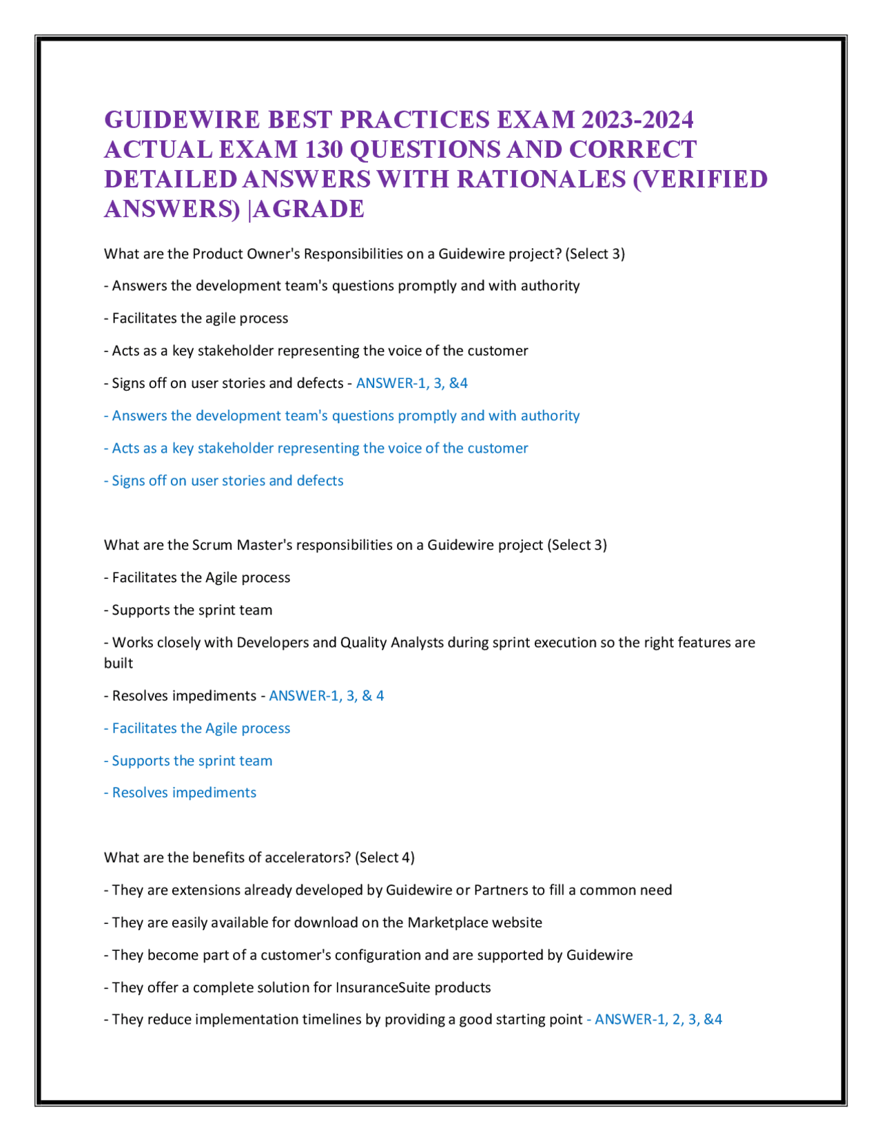 GUIDEWIRE BEST PRACTICES EXAM 2023-2024 ACTUAL EXAM 130 Q AND A | Exams ...