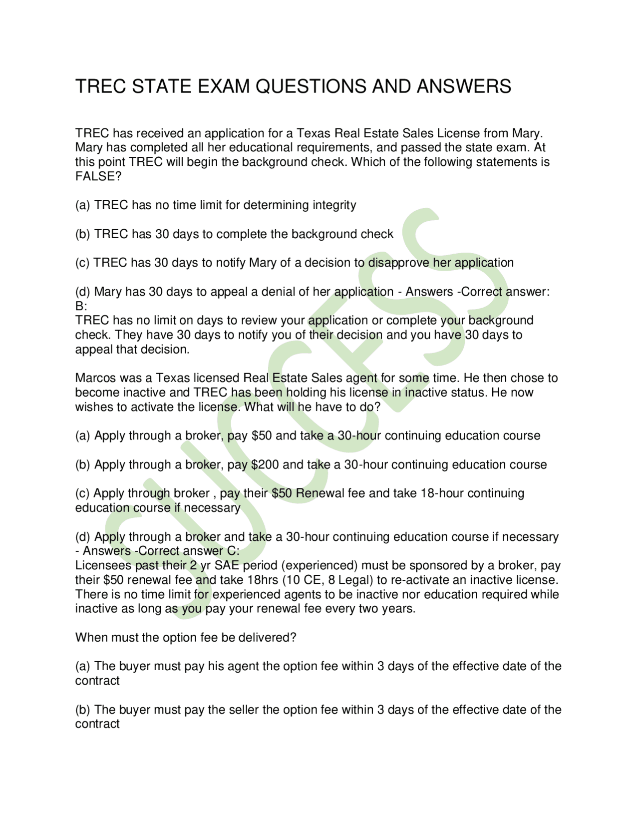 TREC STATE EXAM QUESTIONS AND ANSWERS | Exams Social Sciences | Docsity