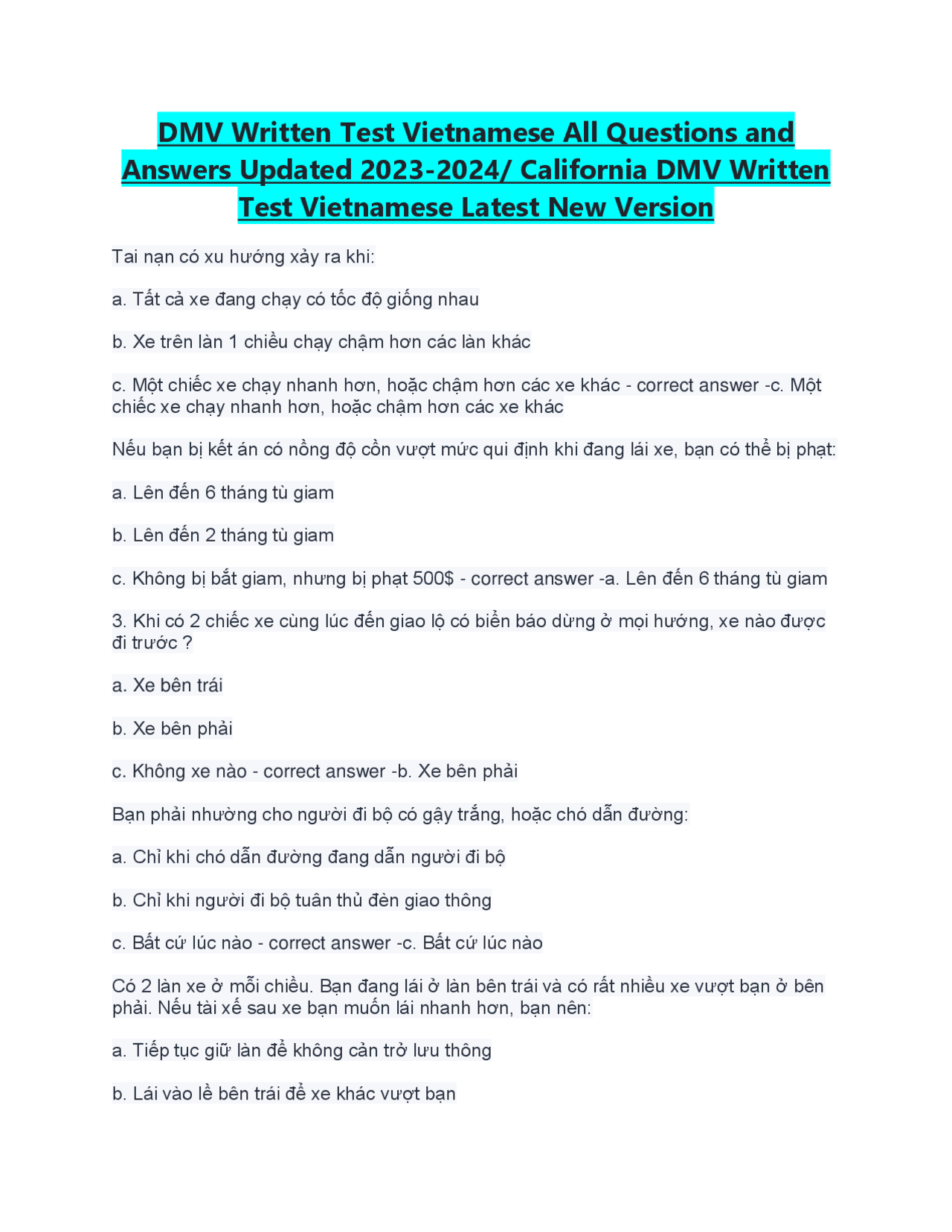 DMV Written Test Vietnamese All Questions and Answers Updated 2023-2024 ...
