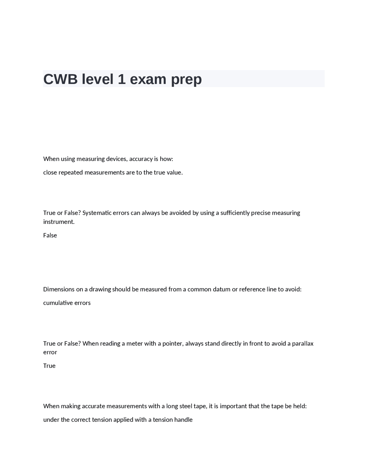 CWB Level 1 Exam Preparation | Exams Nursing | Docsity