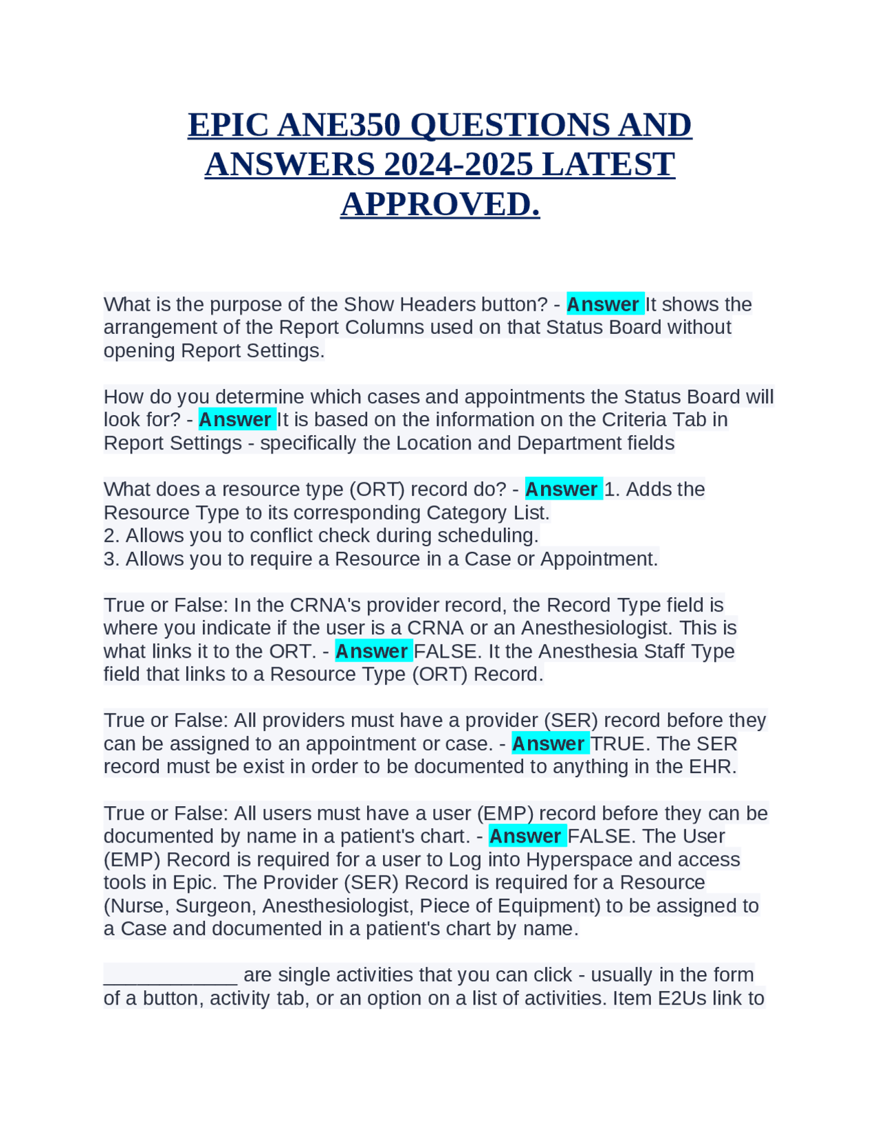 EPIC ANE350 QUESTIONS AND ANSWERS 2024-2025 LATEST APPROVED. | Exams ...